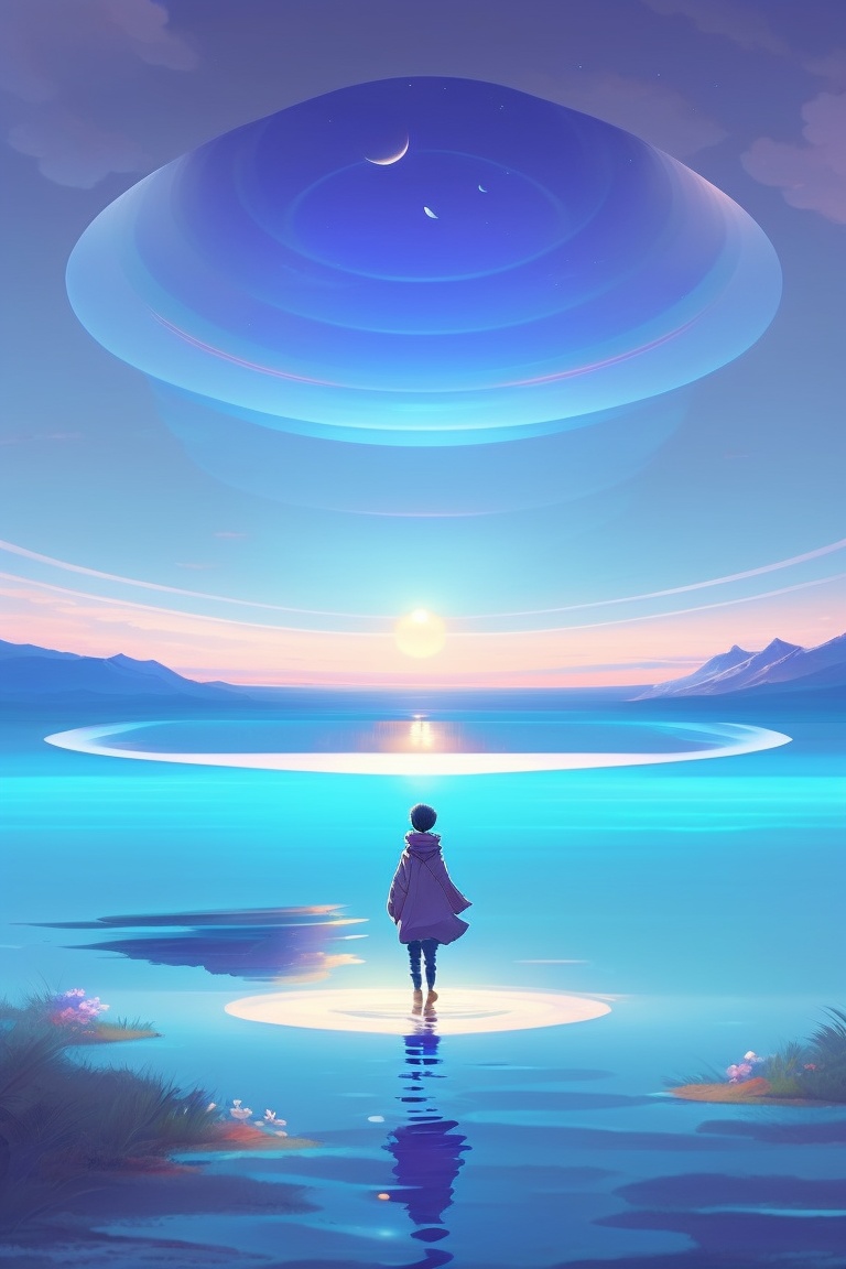 Lexica - Anime boy walking on water, ripples, backdrop of dawn, saturn ...