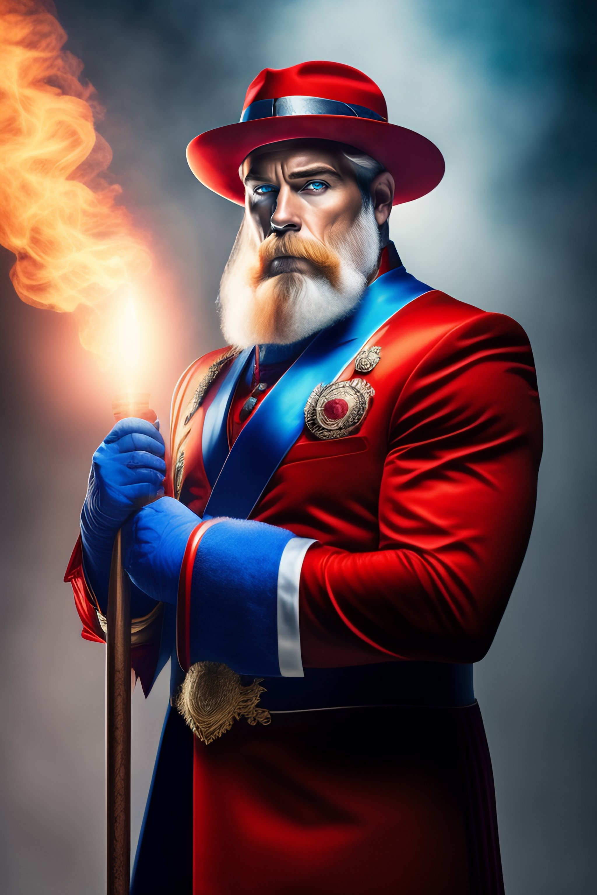 Lexica - Magician man, googles on head, blue armlets, red beard, white ...