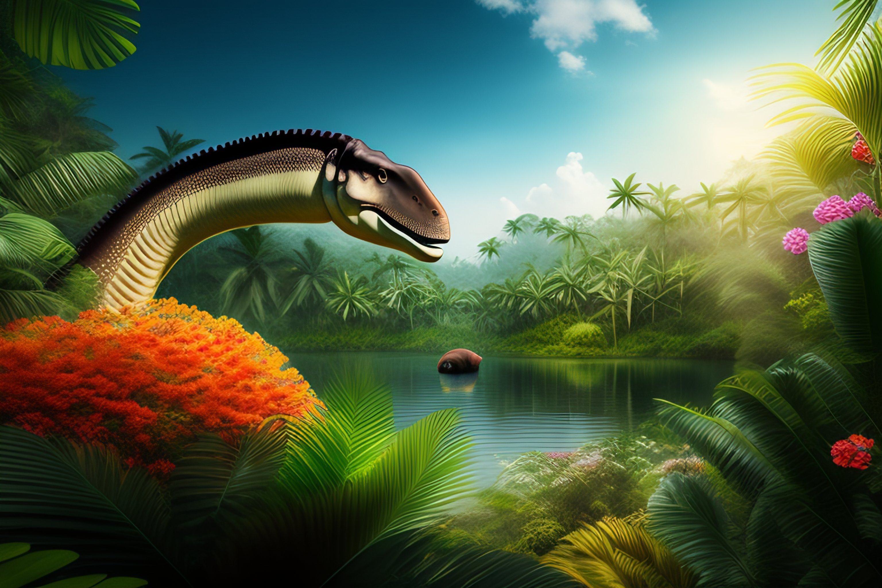 Lexica - Amazon, tropical forest, giant diplodocus, exotic flowers ...