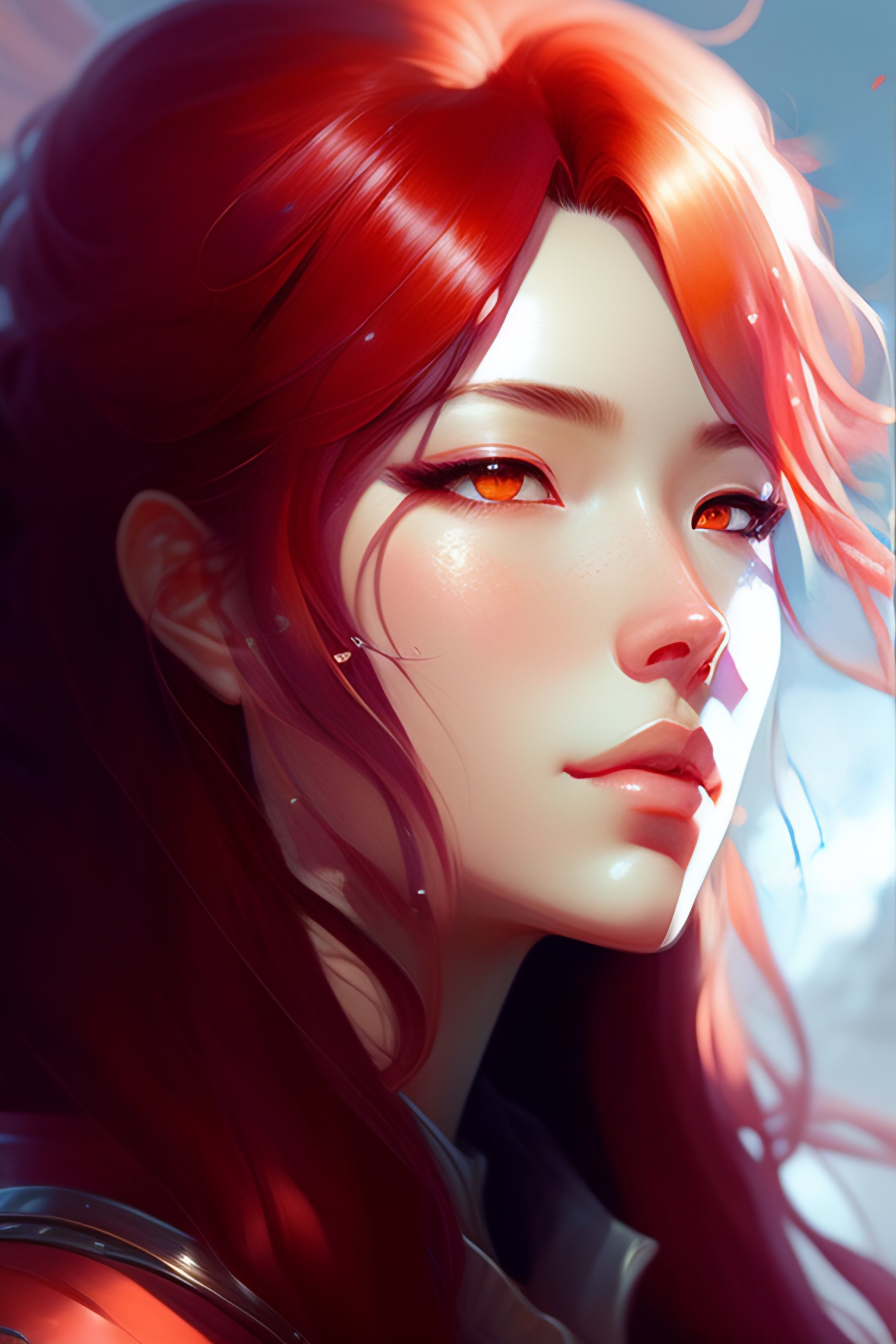 Lexica - Erza Scarlet, long red scarlet hair, oval iris brown eyes ...