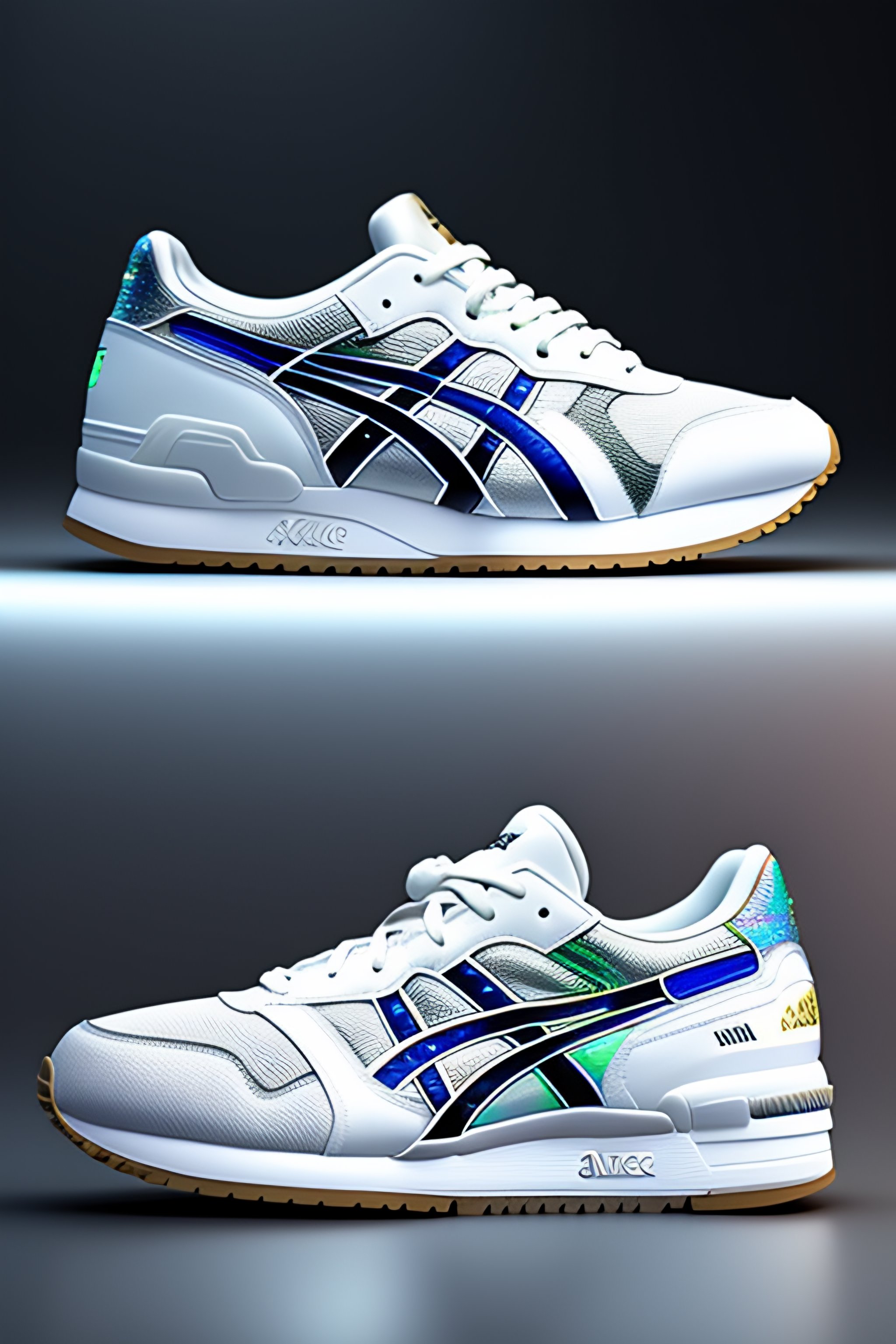 Lexica - A pair of white and holographic Asics sneakers on a minimal ...