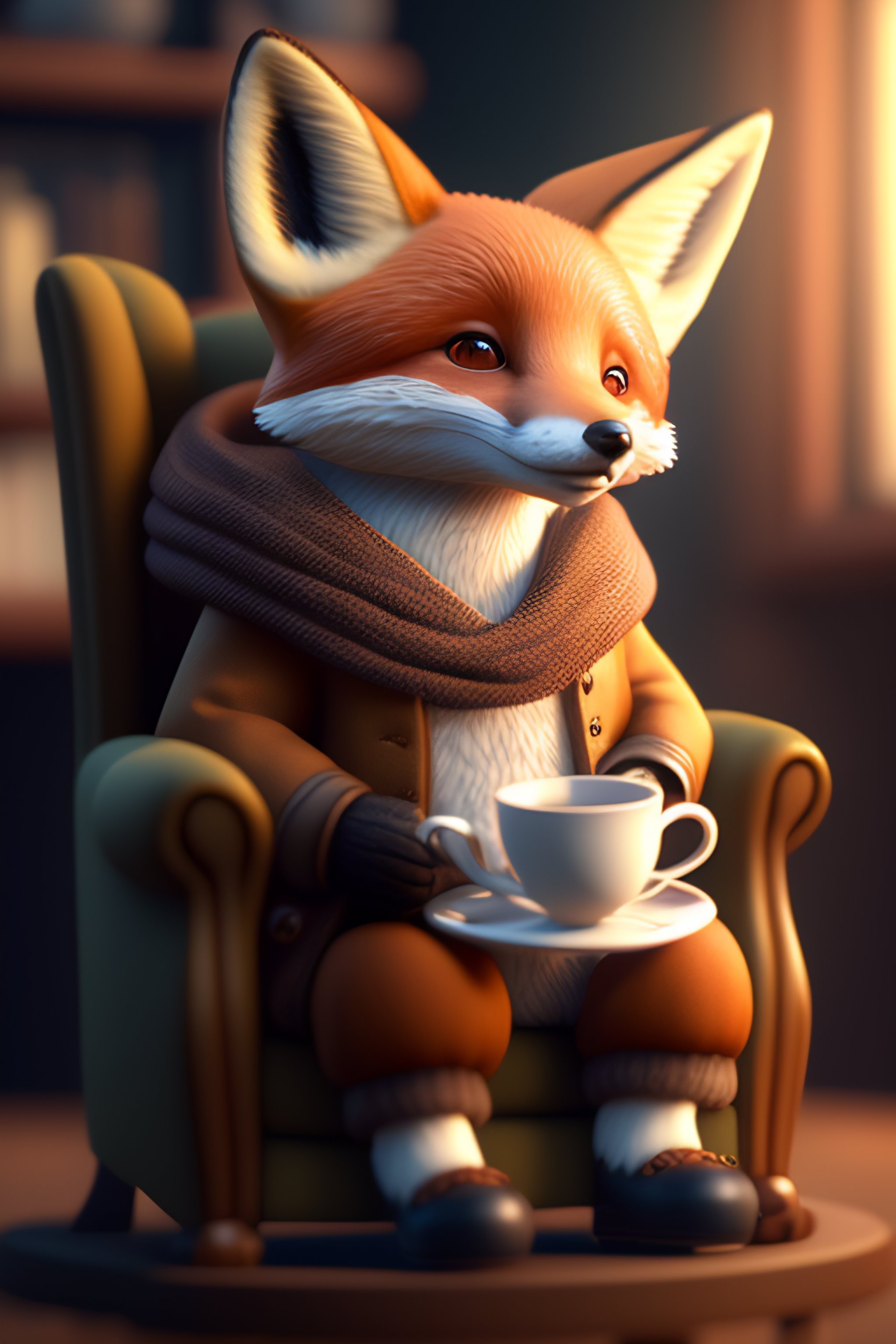 Lexica - Cute small humanoid fox sitting in a armchair drinking tea as ...
