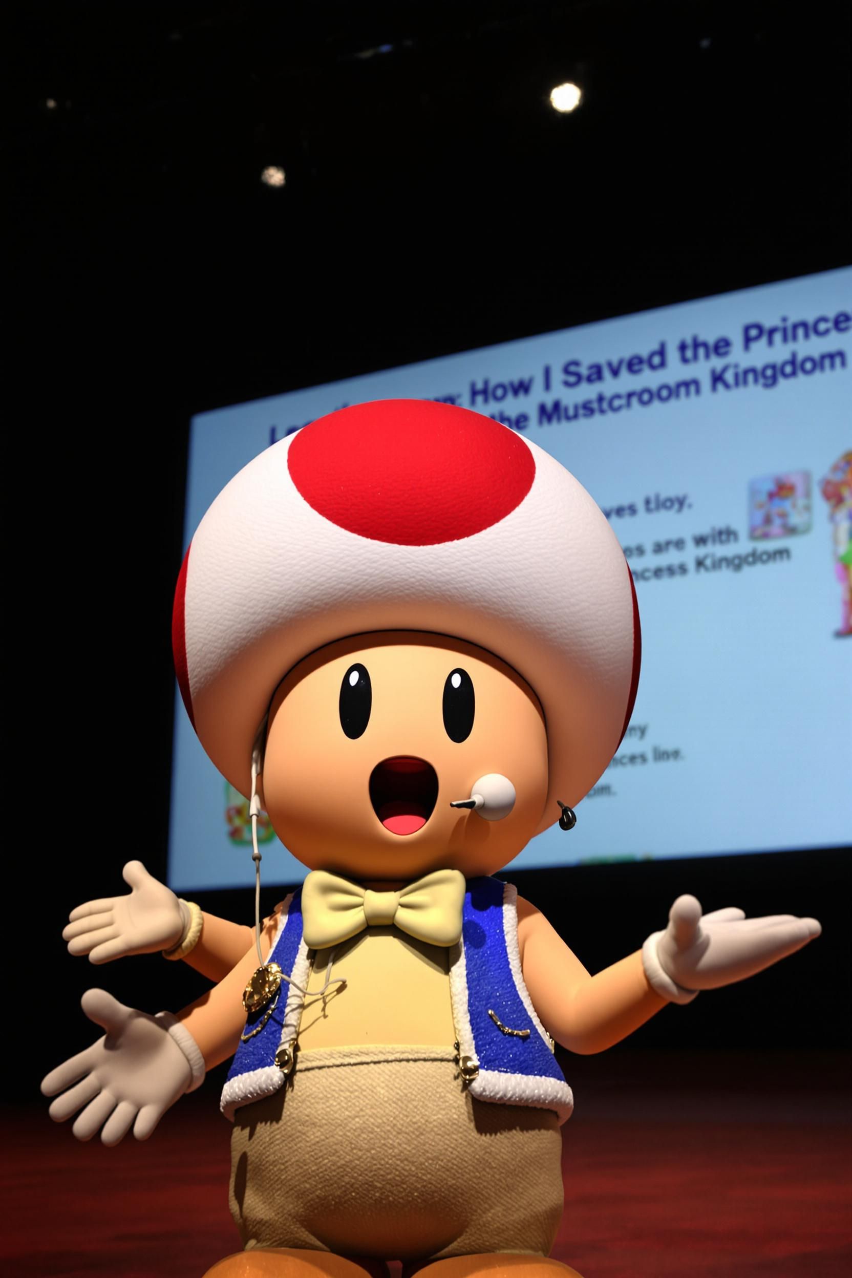 Lexica - Toad from mario presents a TED talk, behind him you can see ...