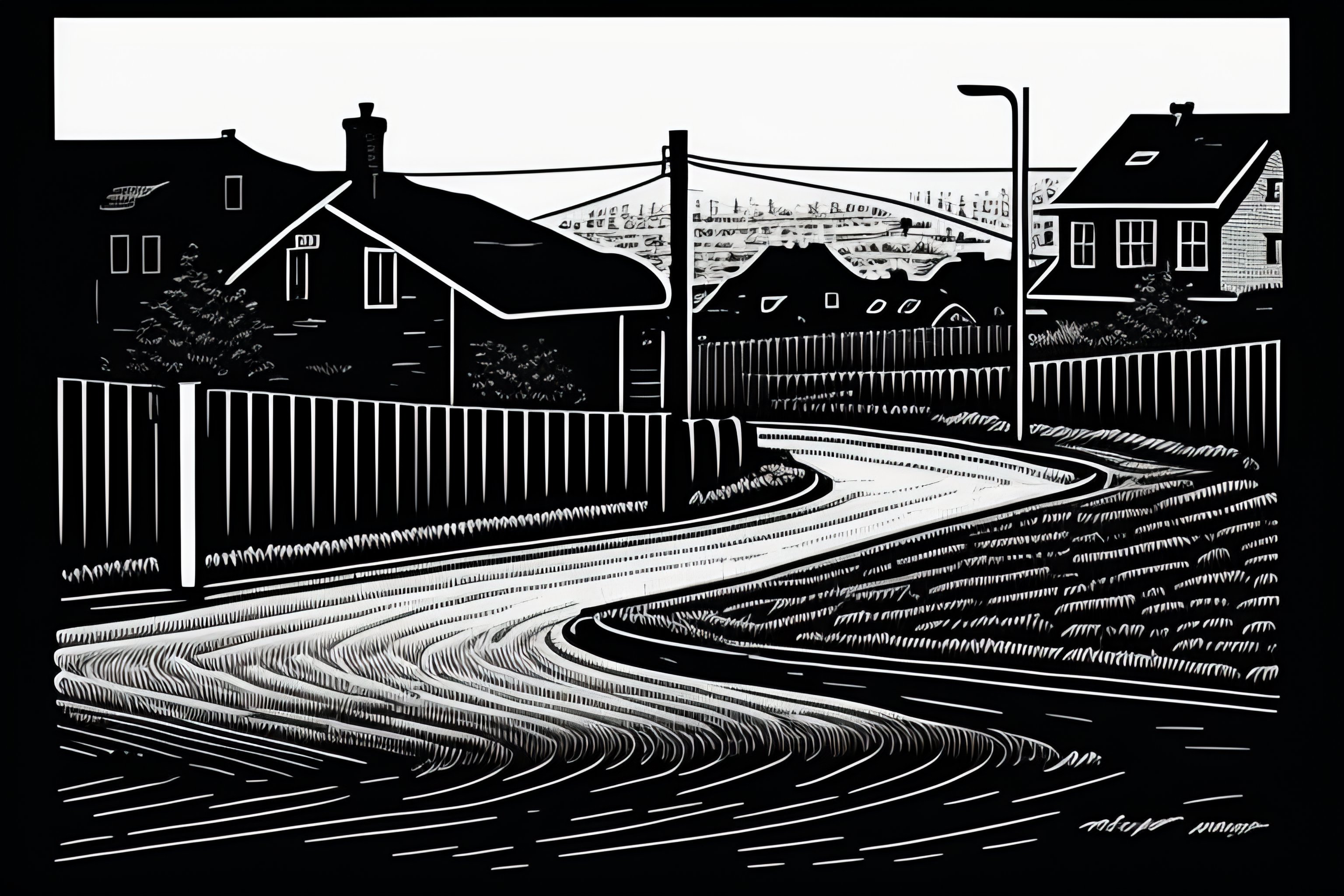 Lexica - Engraving liminal space black and white linocut landscape ...