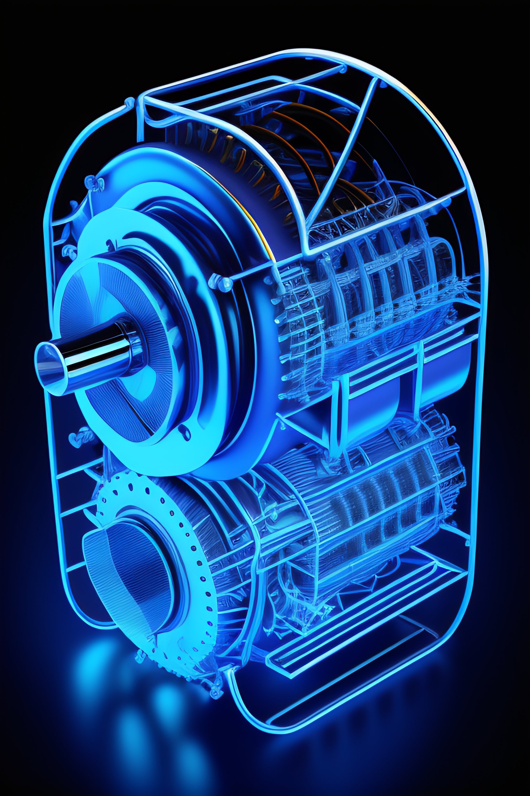 Lexica - Technical illustration: jet engine, wireframe, neon blue on black