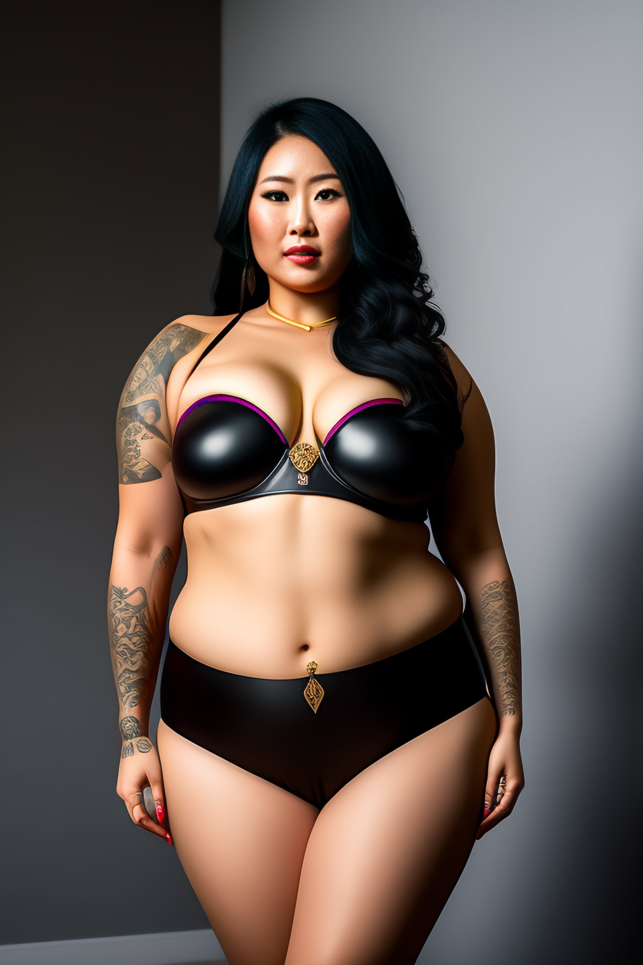 Lexica - Thick asian woman with queen of spade tattoo on belly, Wide hips, mommy
