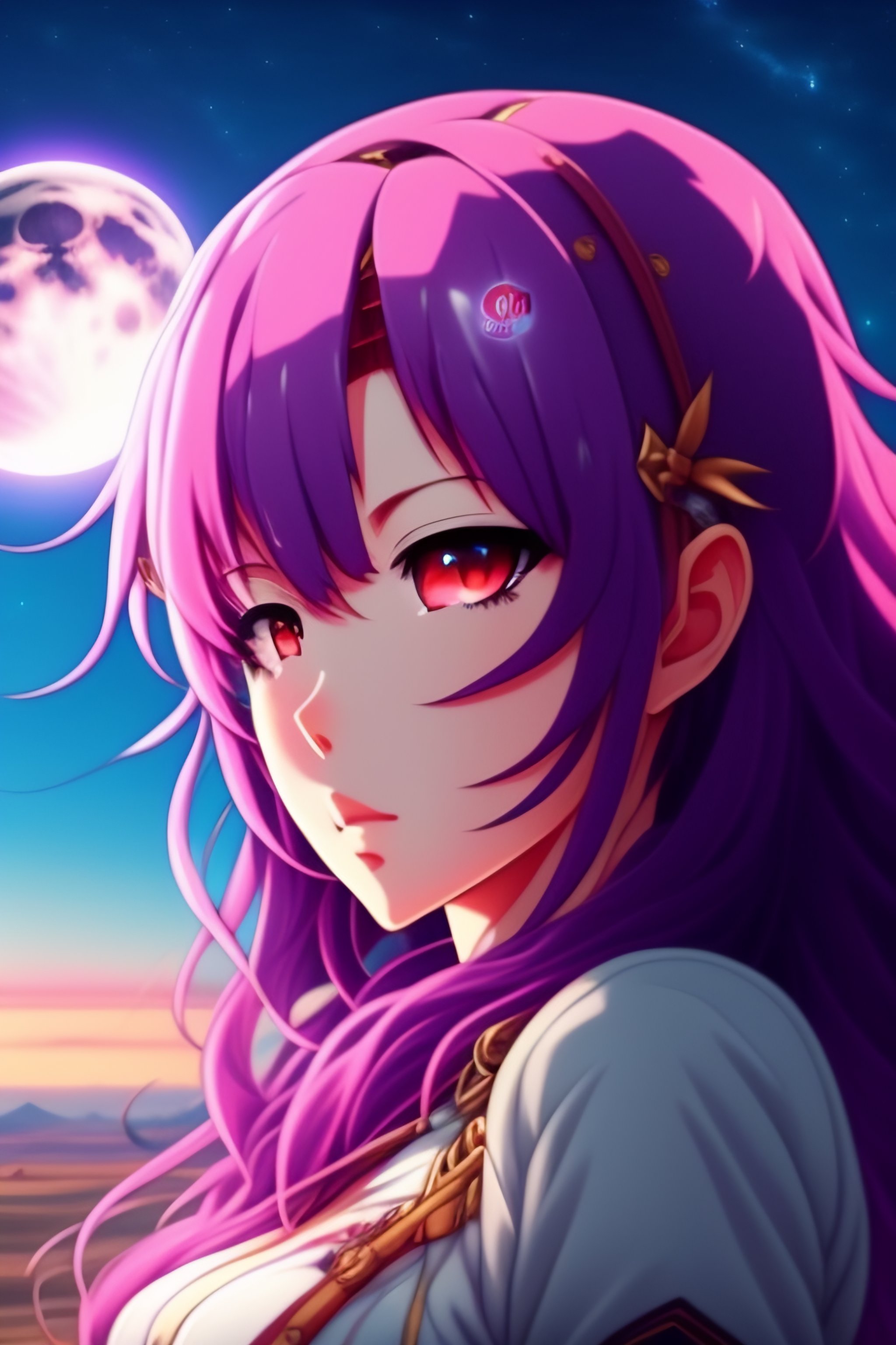 Lexica - Full moon, pink moon, anime, anime girl, long hair, view in ...