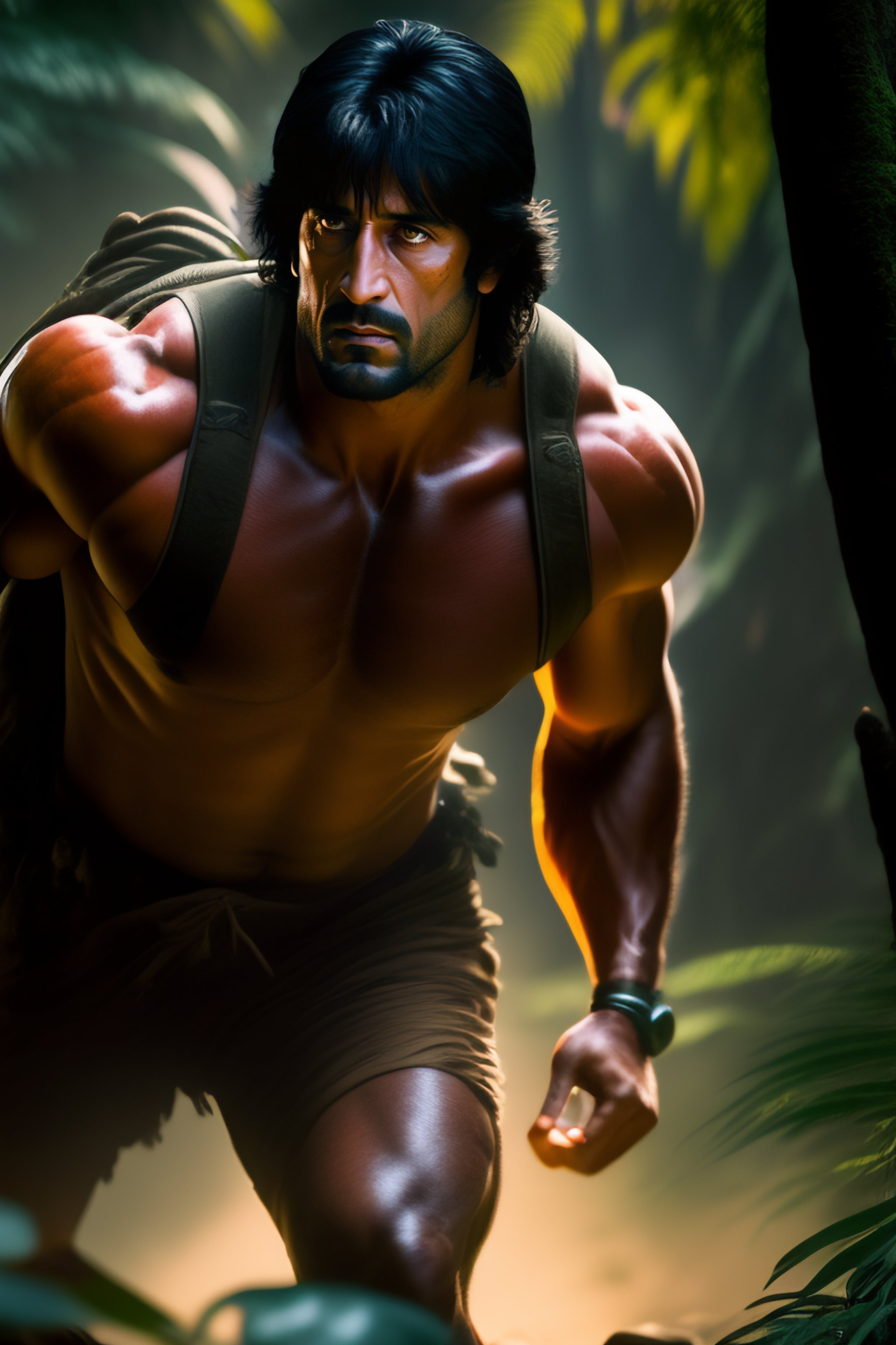 Lexica - Action shot of john rambo in a jungle, cinematic lighting ...