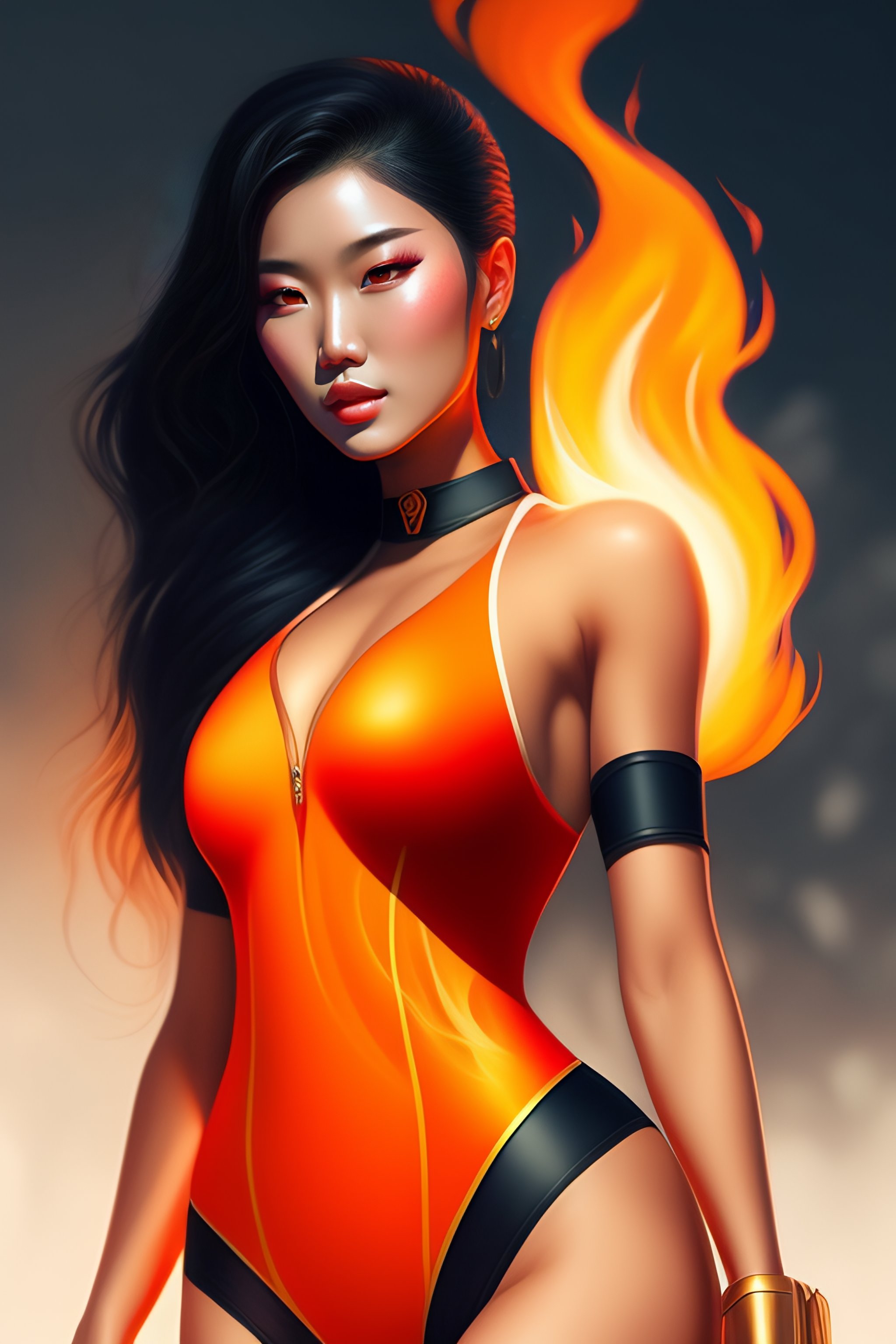 Lexica - A woman in swimsuit holding a fire ball, a digital painting by Lü Ji, trending on ...