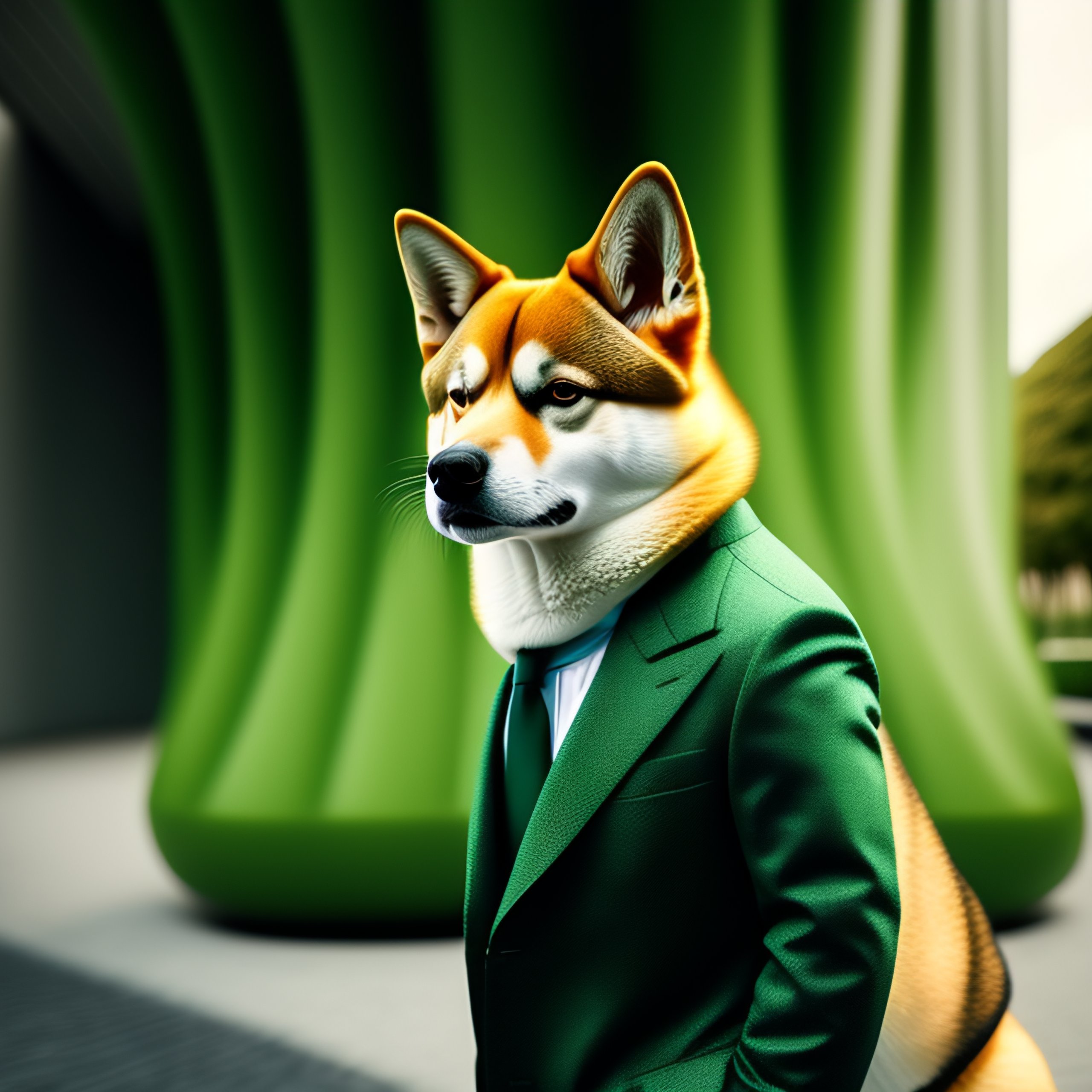 Lexica - Medium Shot of a standing shiba inu dressed in a fancy green ...