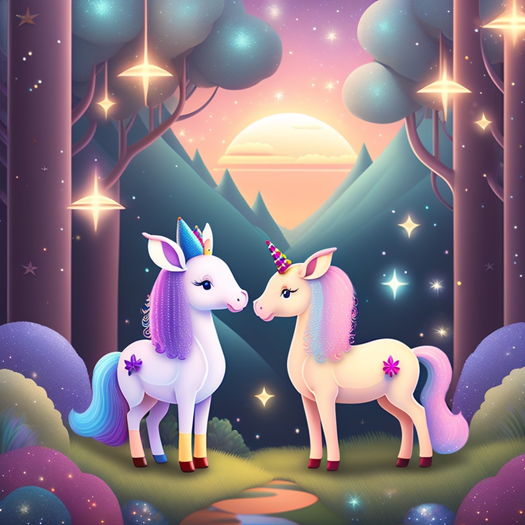 Lexica - Sparkle and Twinkle (Unicorns) walking through the Enchanted Forest, surrounded by tall ...