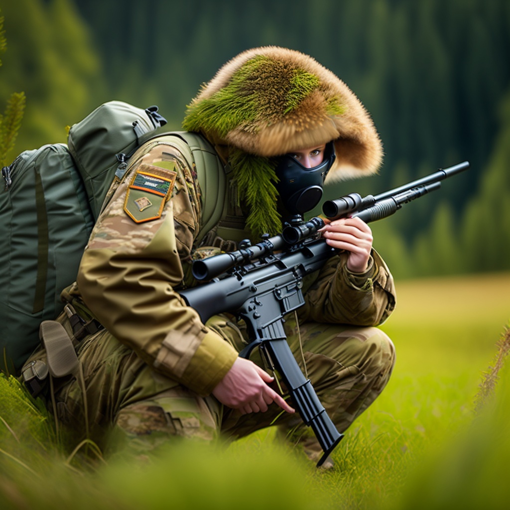 Lexica - A sniper hold gun with ghillie suit, a field, crawl