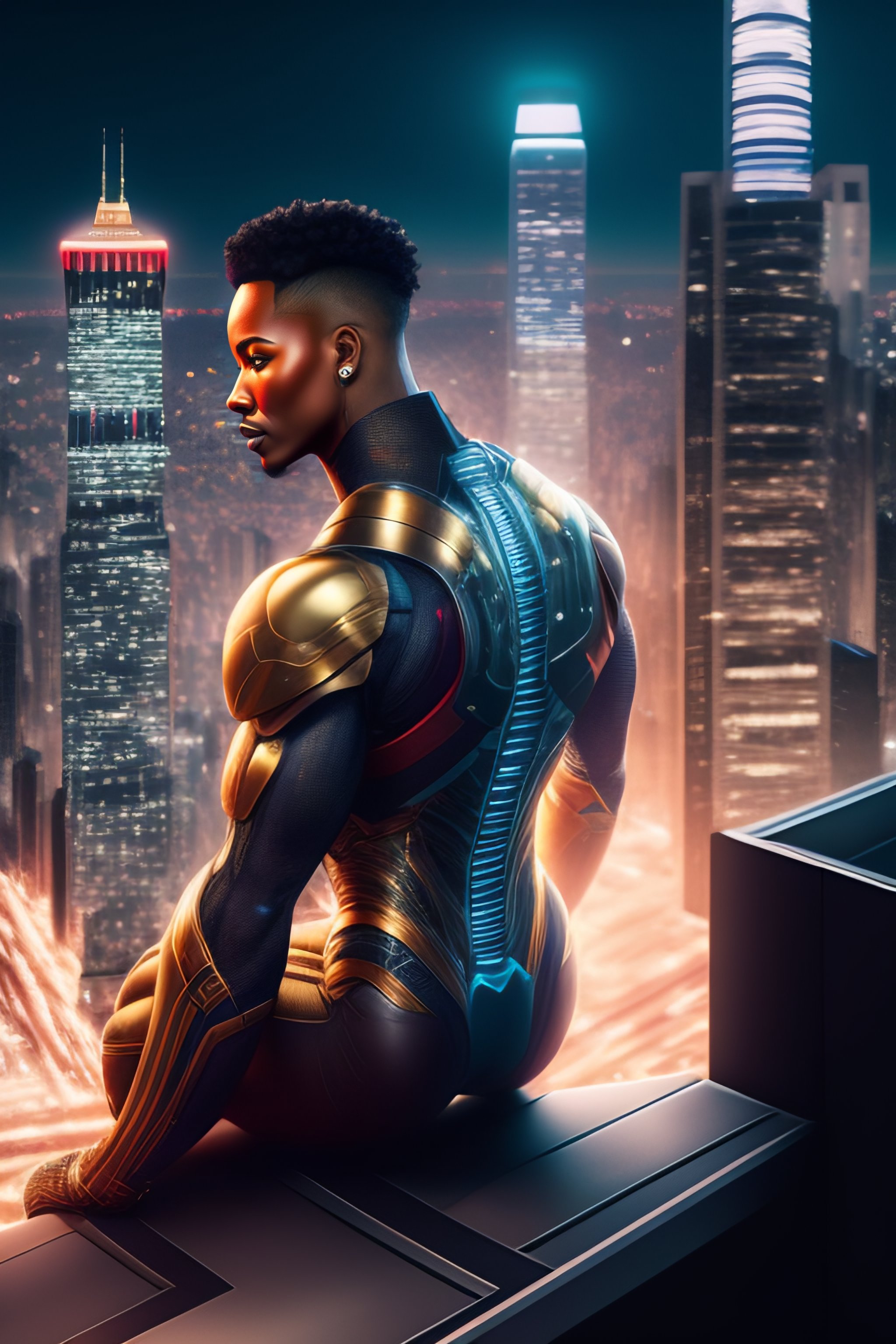 Lexica - Cyborg sitting on a roof looking down at a city below ...