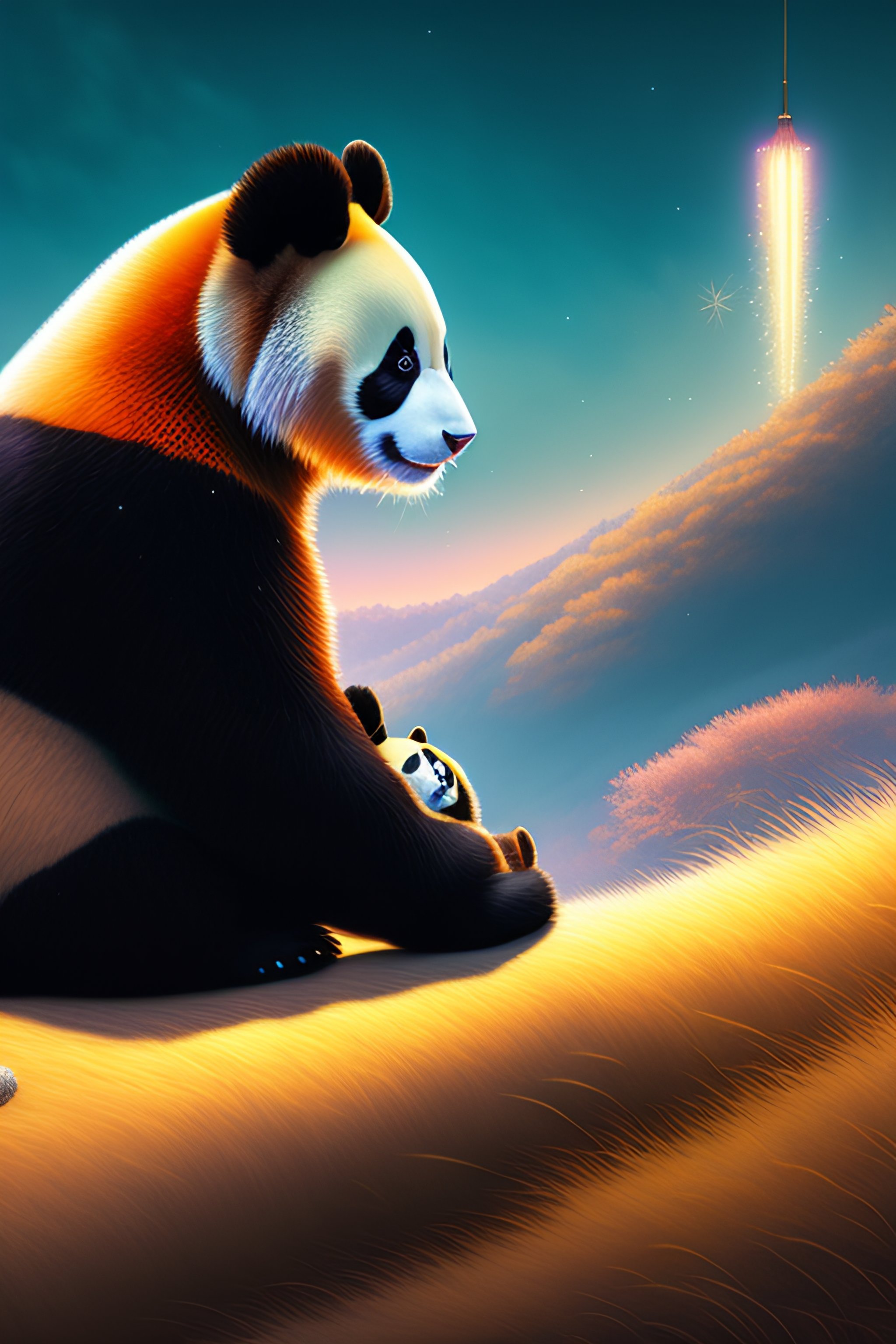 Lexica - Panda watching watching fireworks on a hill, digital art, by ...