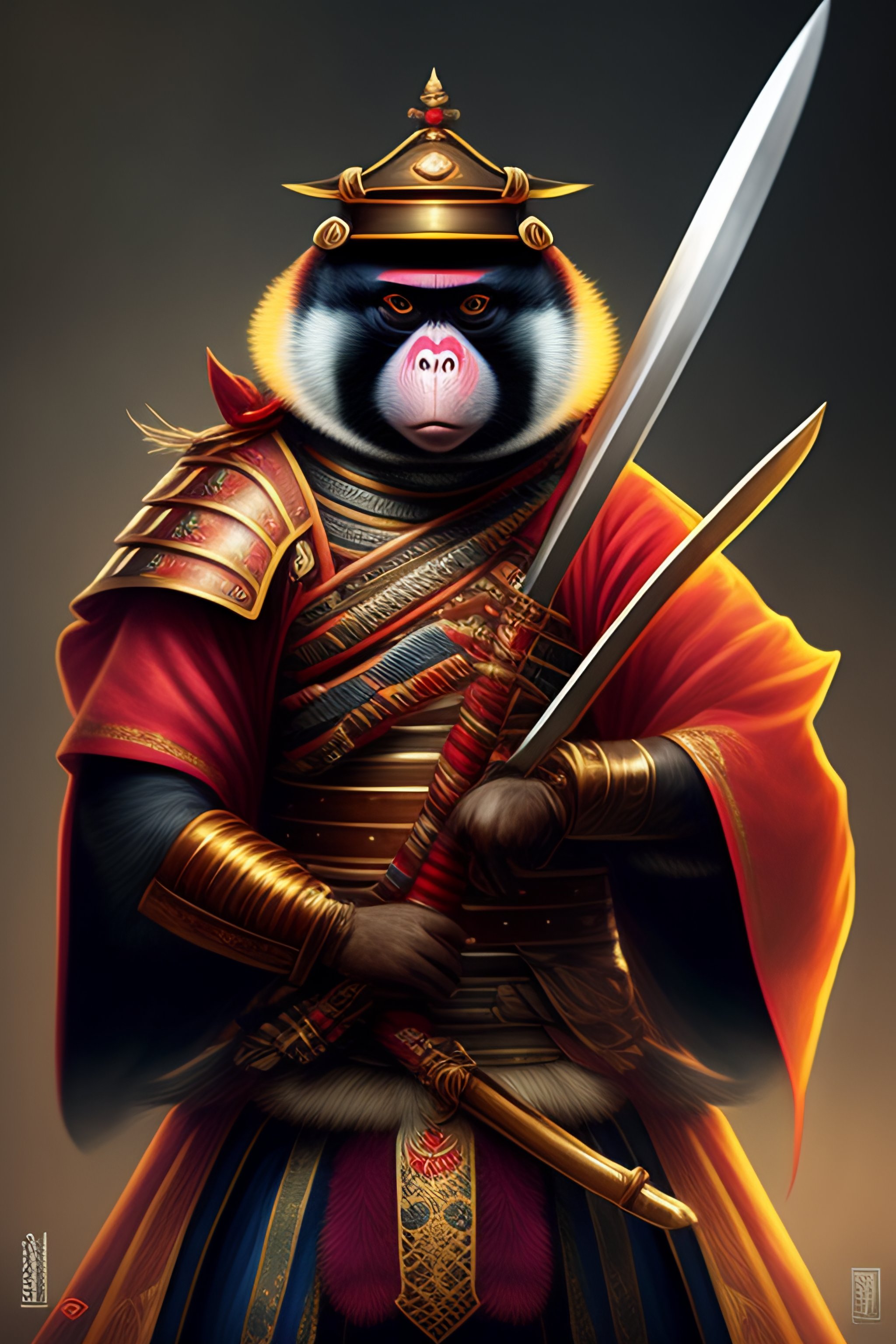 Lexica - Award-winning photo of a Mandrills samurai, holding two swords ...