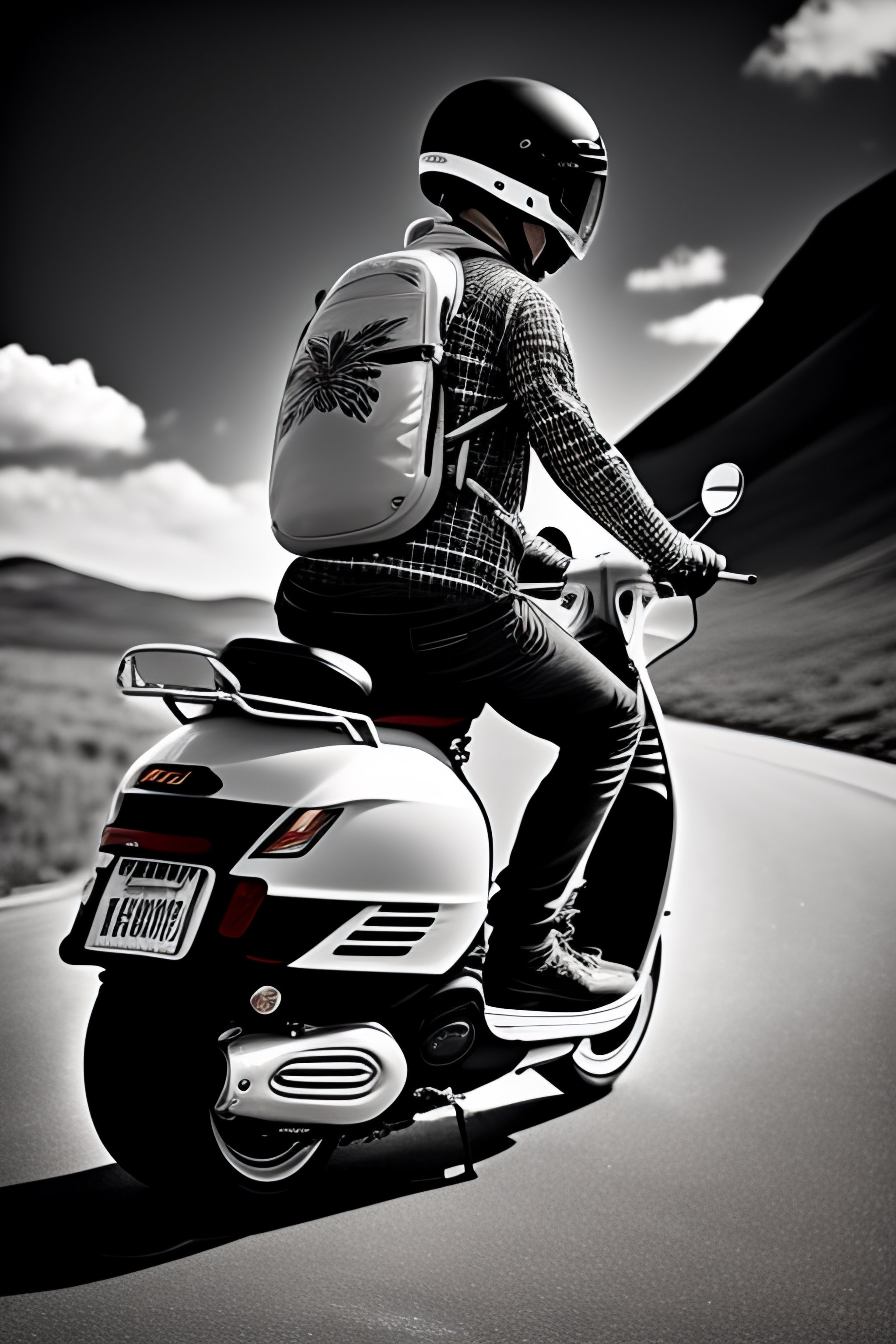 Lexica - Skitz of a human skeleton on a moving vespa px 80 in black white