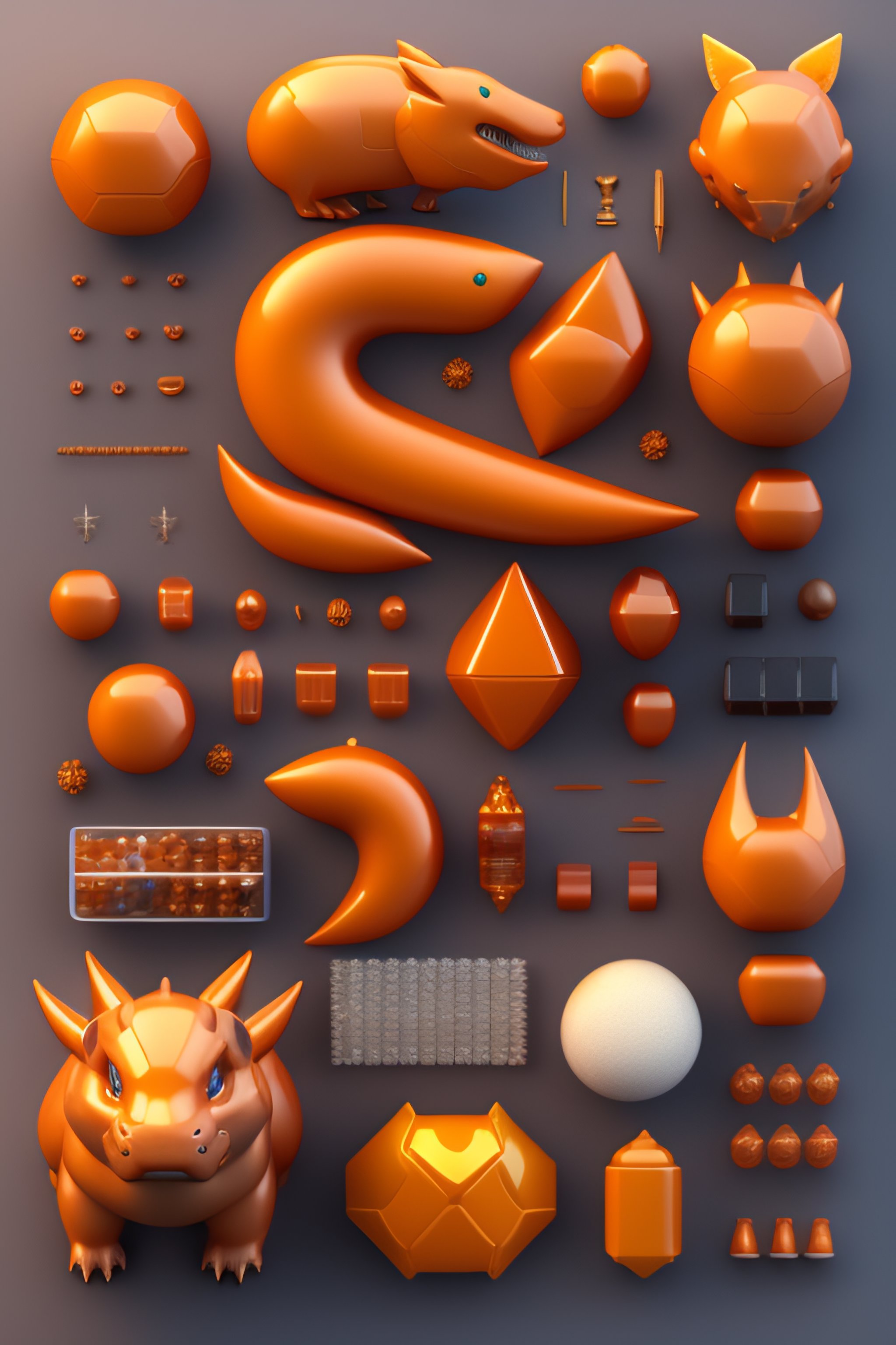 Lexica - Charizard , Knolling, Deconstruction body parts, pokeballs ...