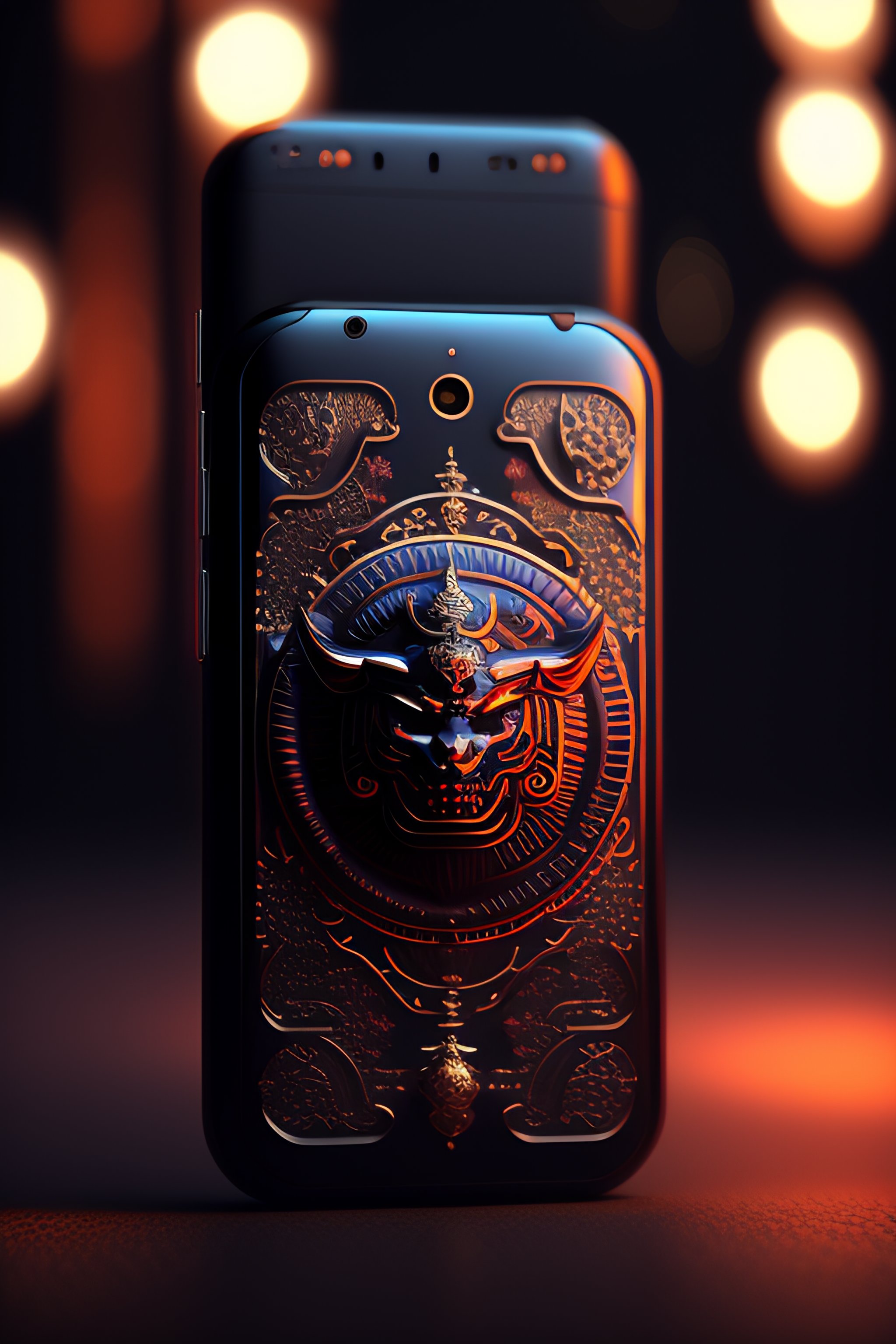 Lexica - A mobile phone with a Japanese demon pattern, centred, night ...