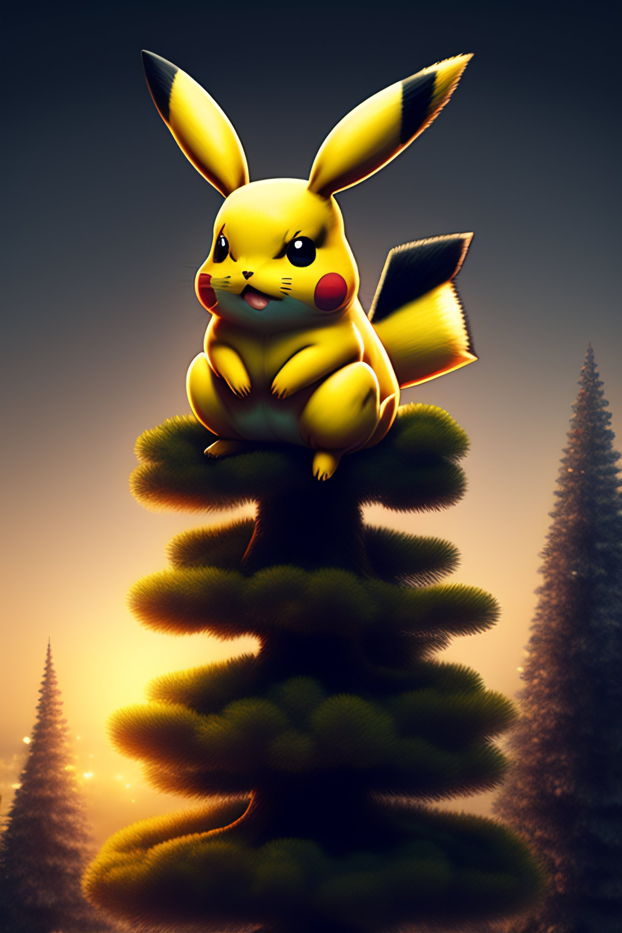 Lexica - Pikachu on top of a pine tree at night art realistic