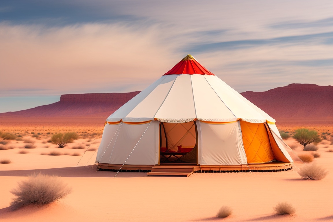 Lexica - White yurt tent in the middle of the desert, mountain backdrop ...