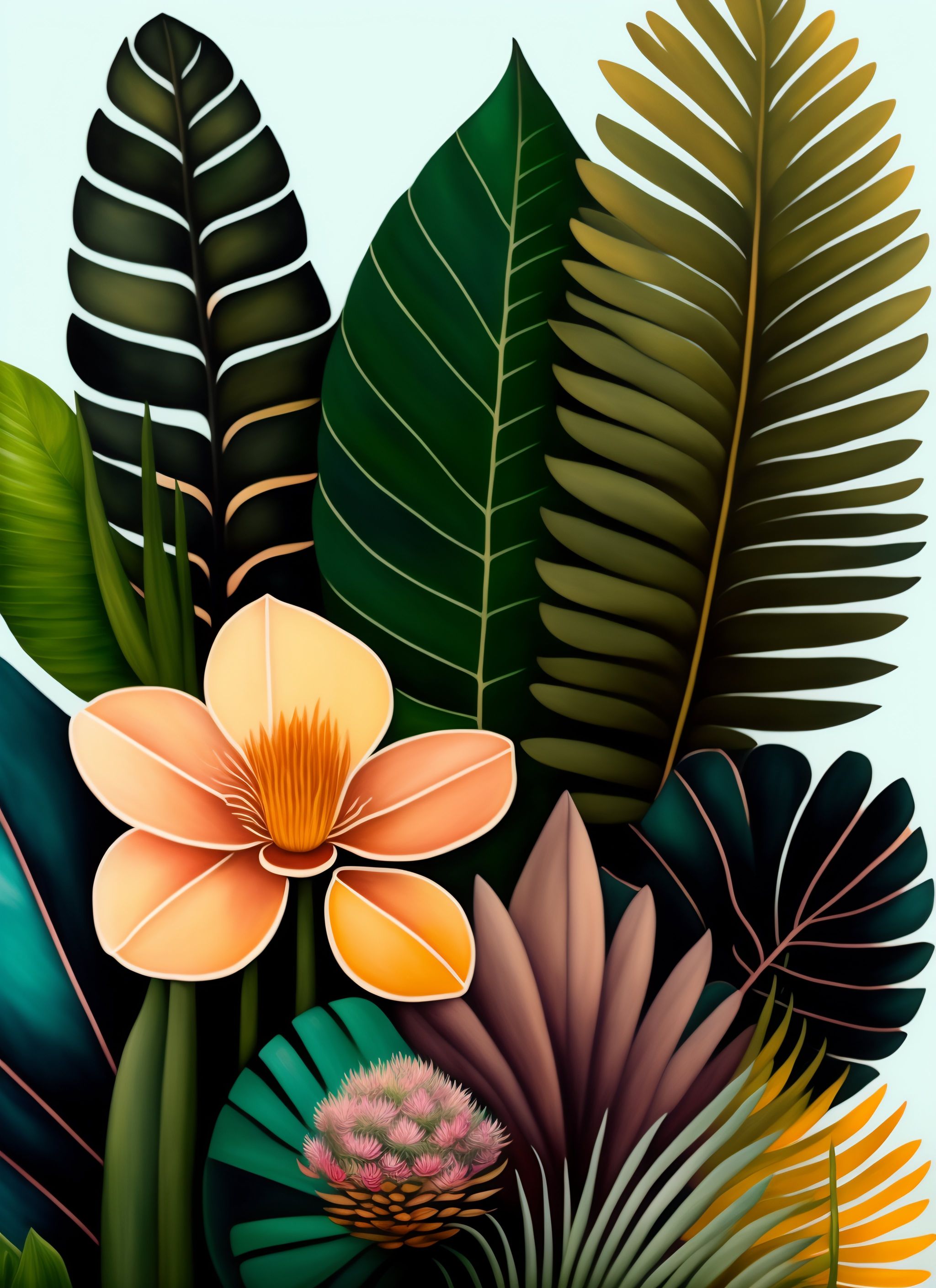 Lexica - Semi-abstract botanical painting, soft muted colors, palm ...