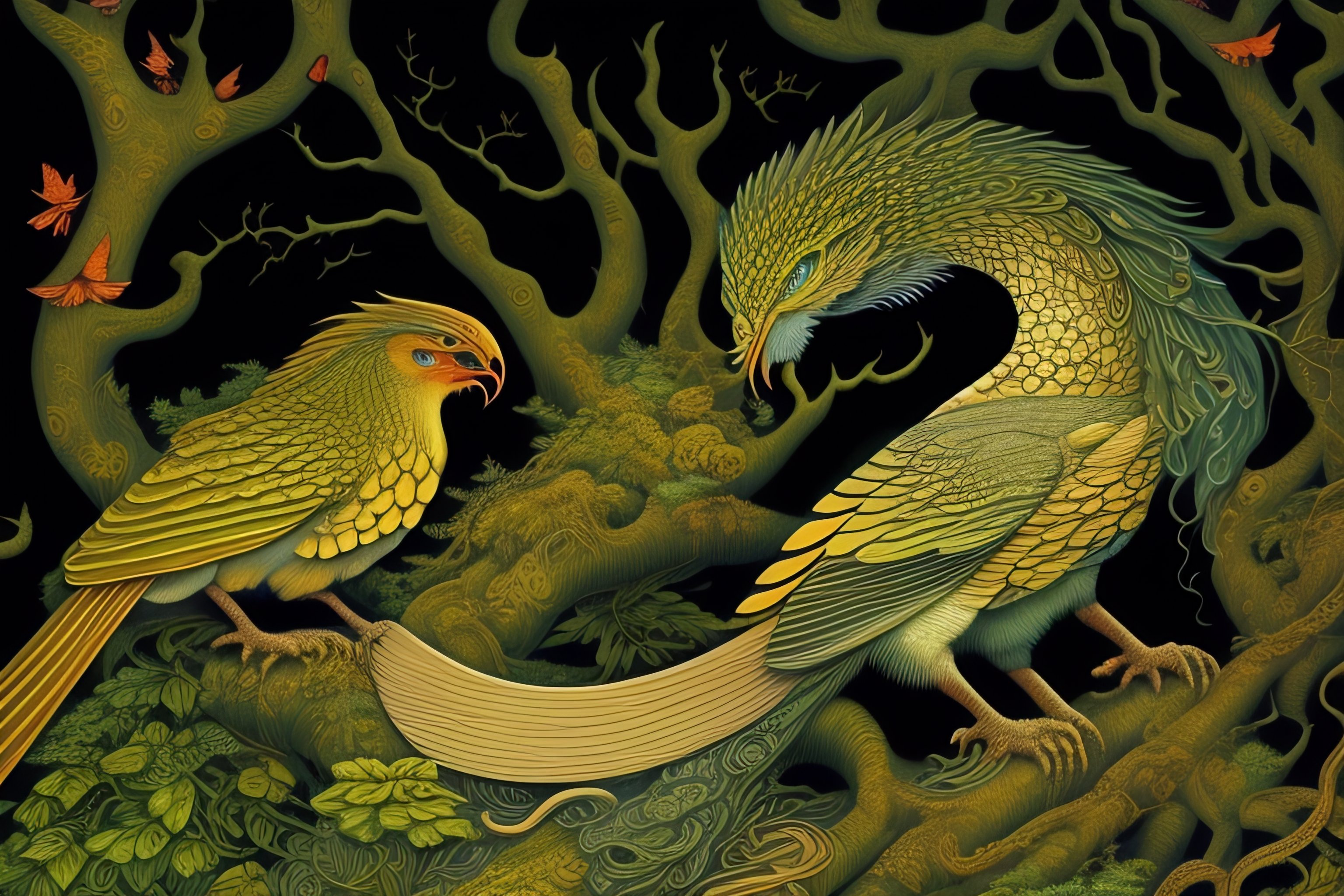 Lexica - A Basilisk and a Phoenix and , standing in a forest, hr giger ...