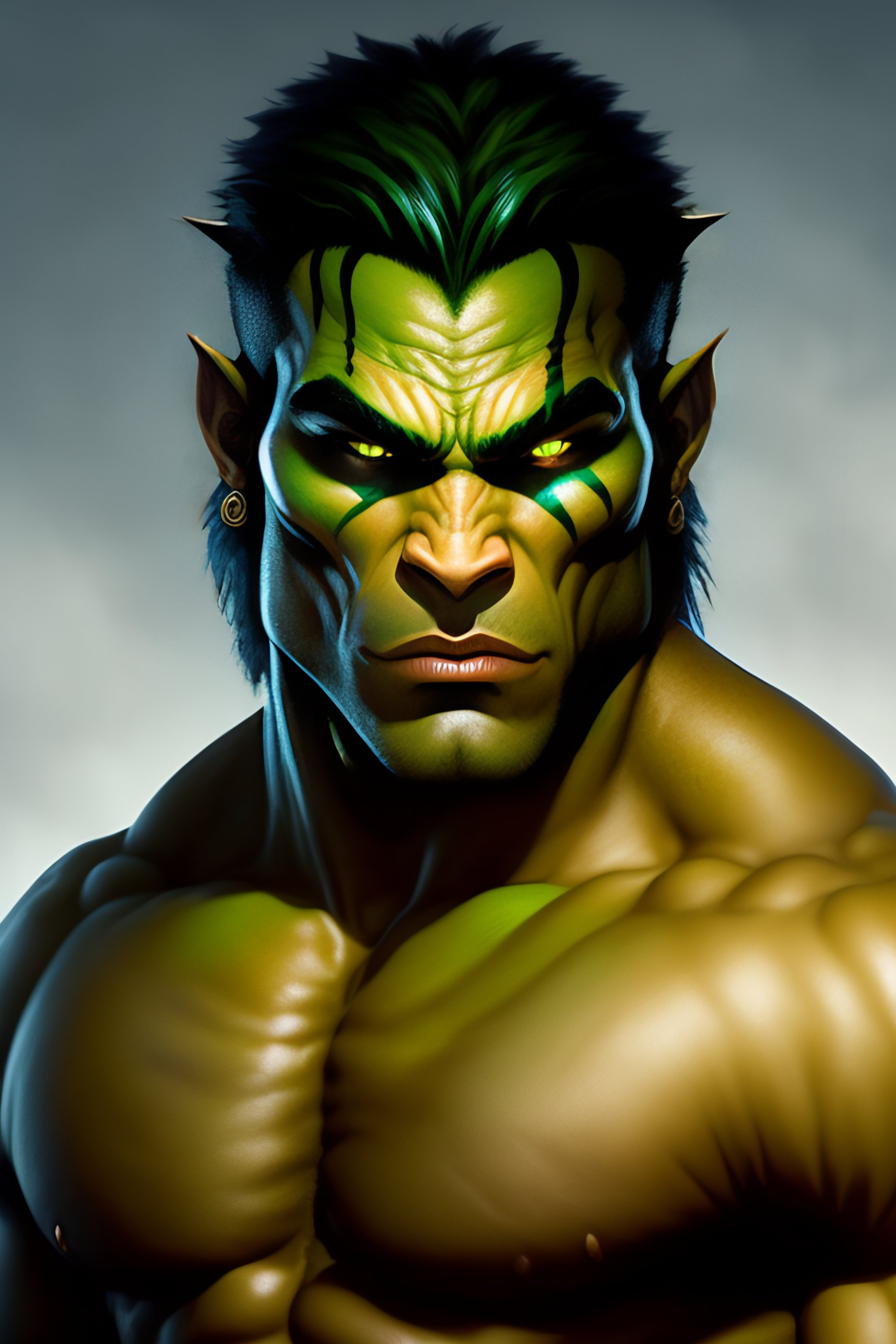 Lexica - Portrait of a one eyed half-orc half-human, with green eyes ...