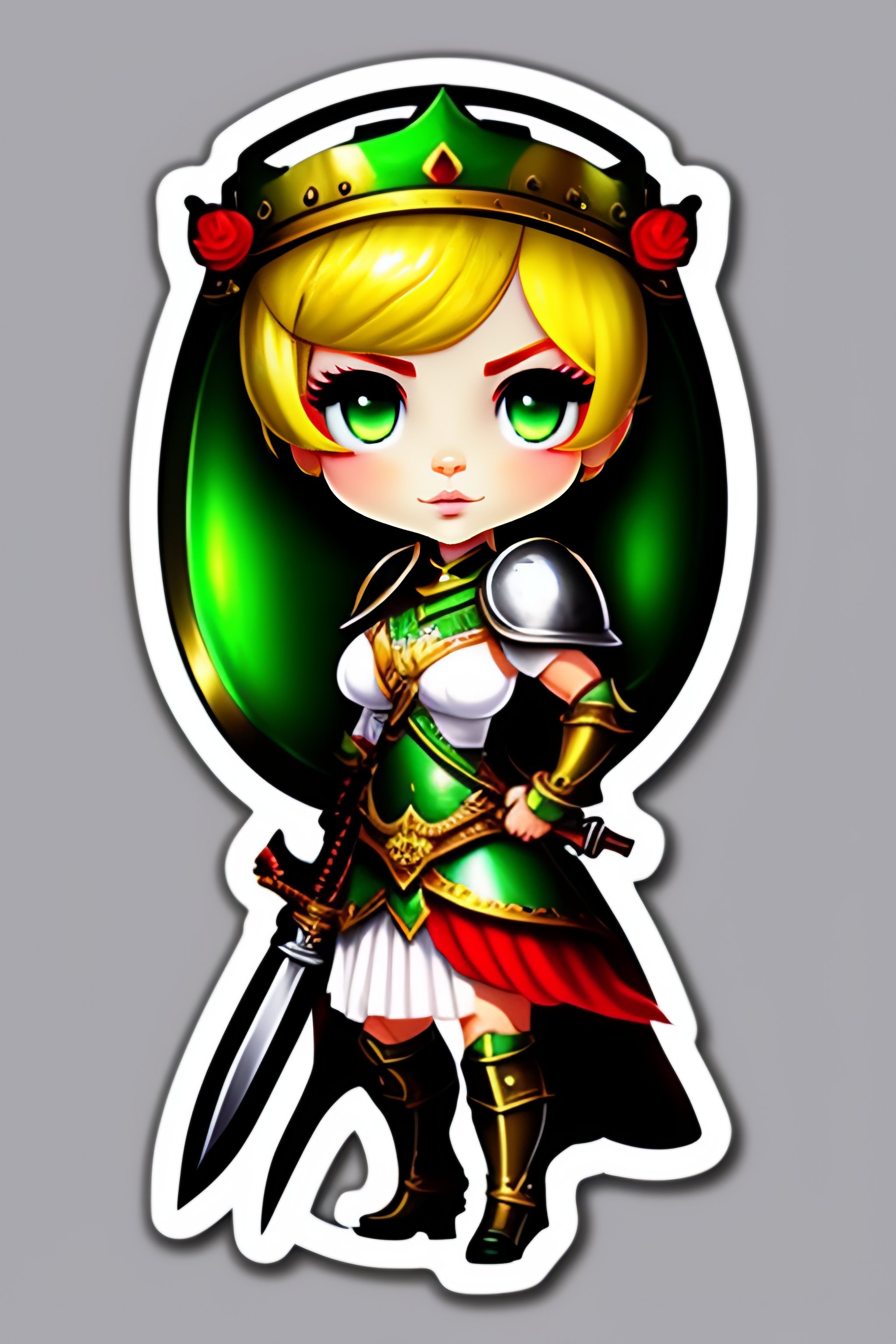 Lexica - Cute chibi blonde, Green eyes, woman With a crown, sword ...