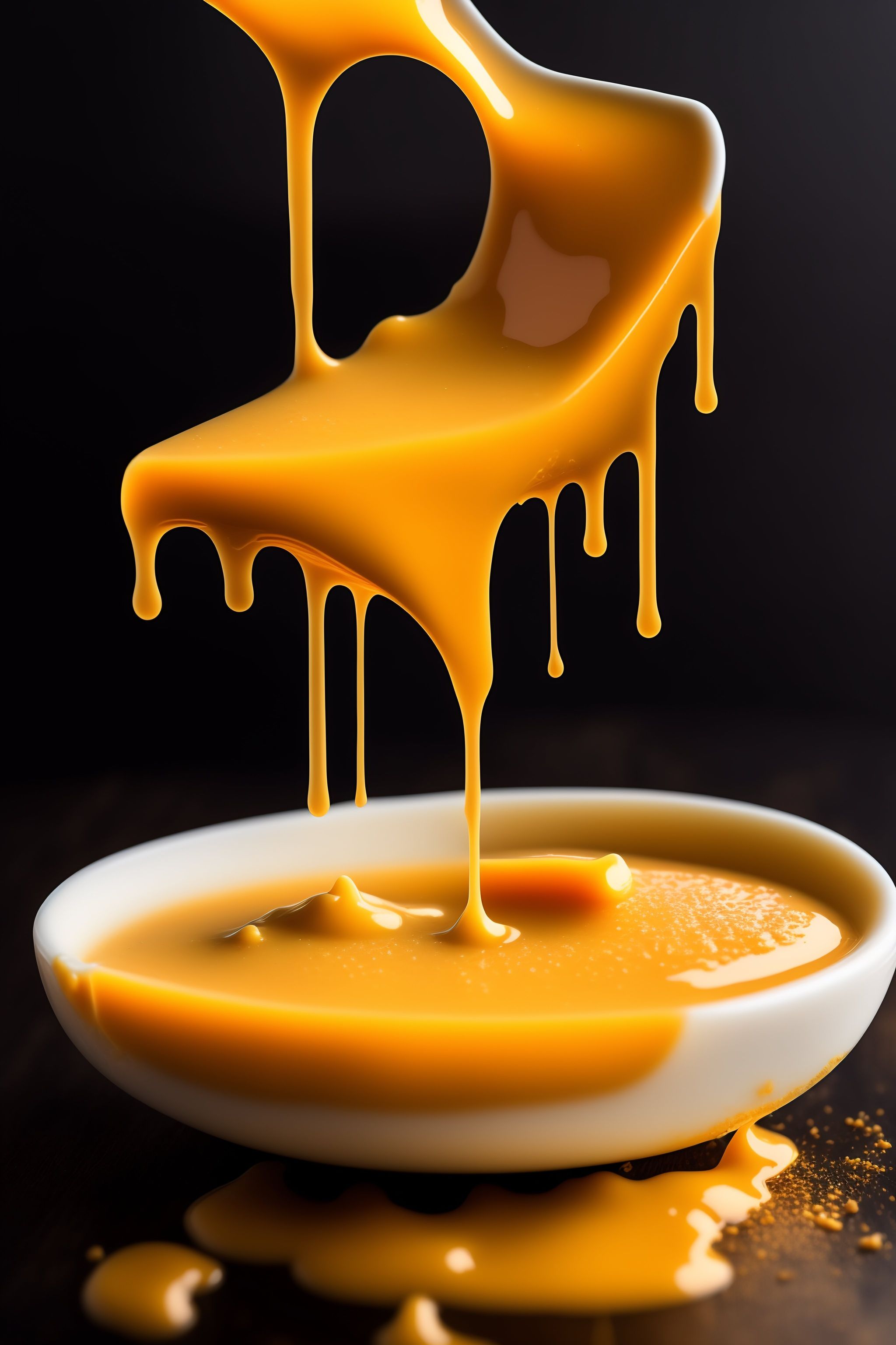 Lexica - Liquid cheddar cheese dripping on a black background