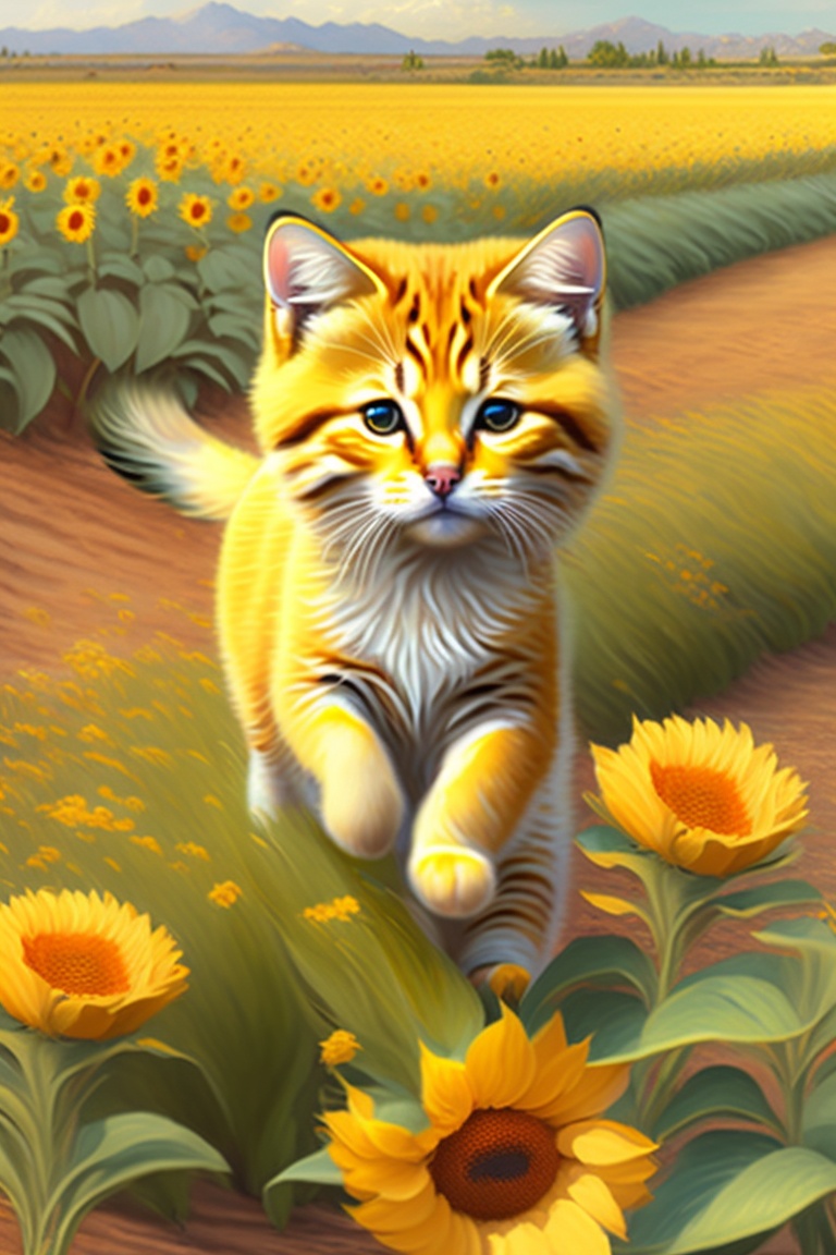 Lexica - A cute yellow kitty running in a sunflower field, Van Gogh