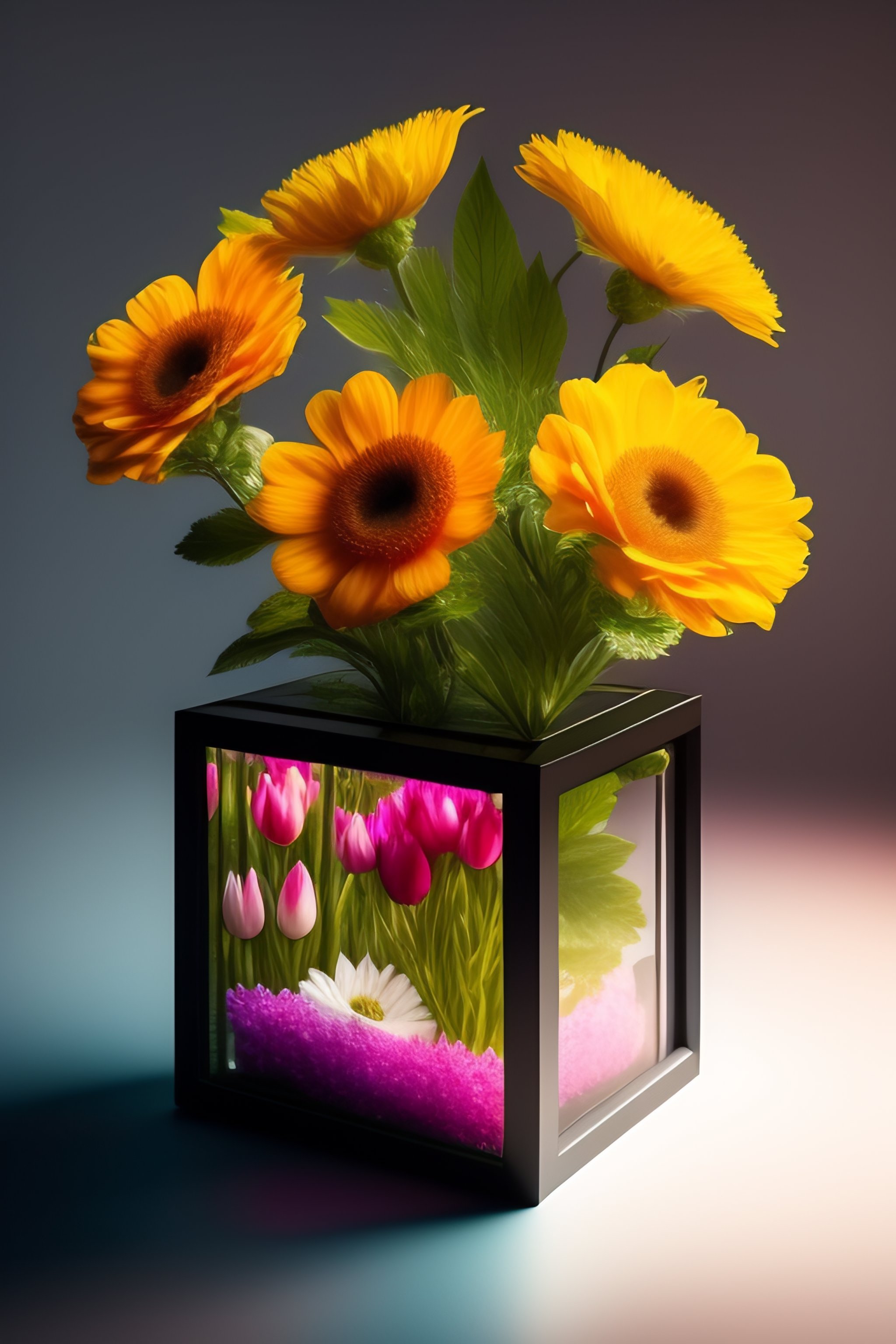 Lexica - A box made of glass has flowers inside