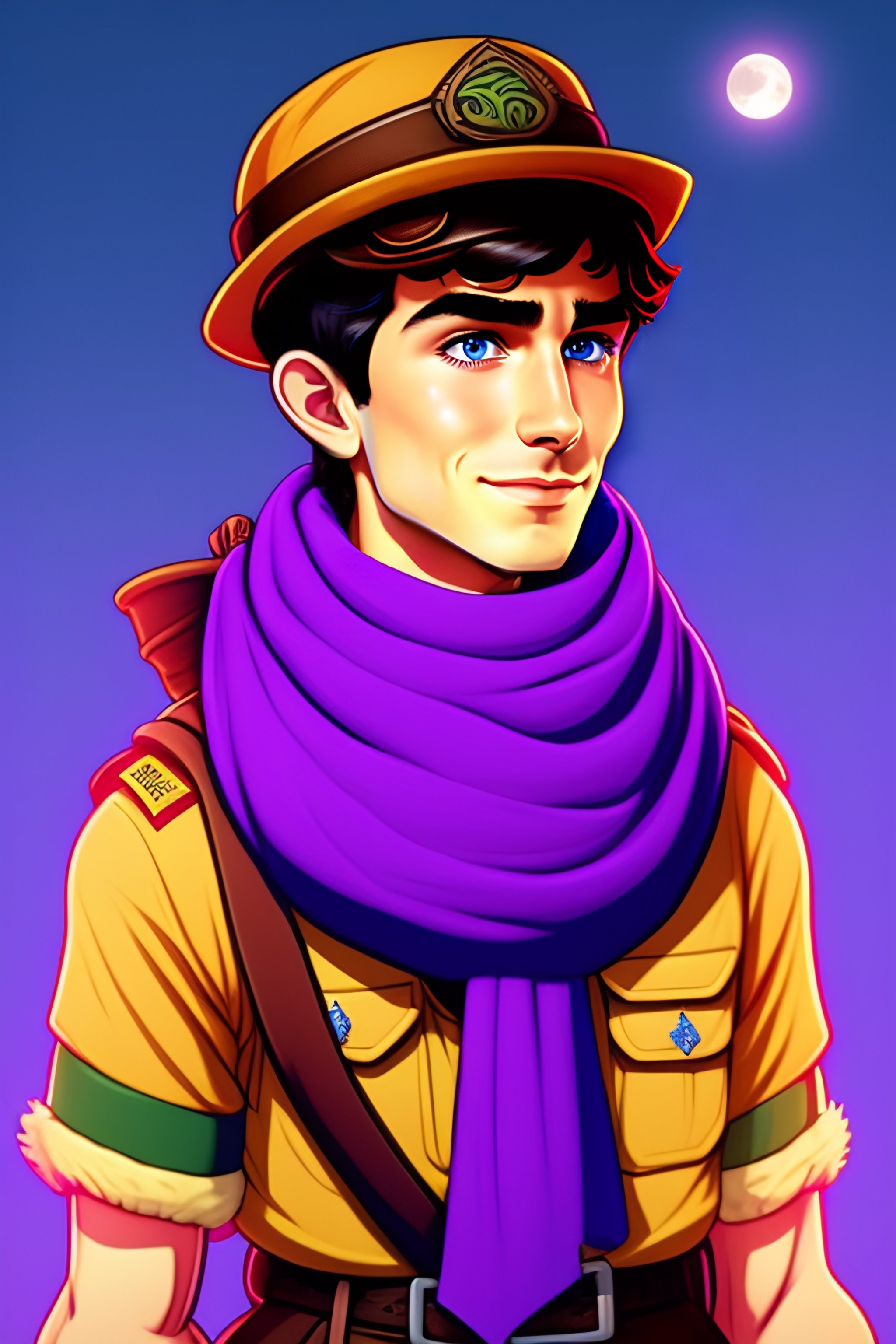 Lexica - Adventurer boy scout with purple scarf cartoon style