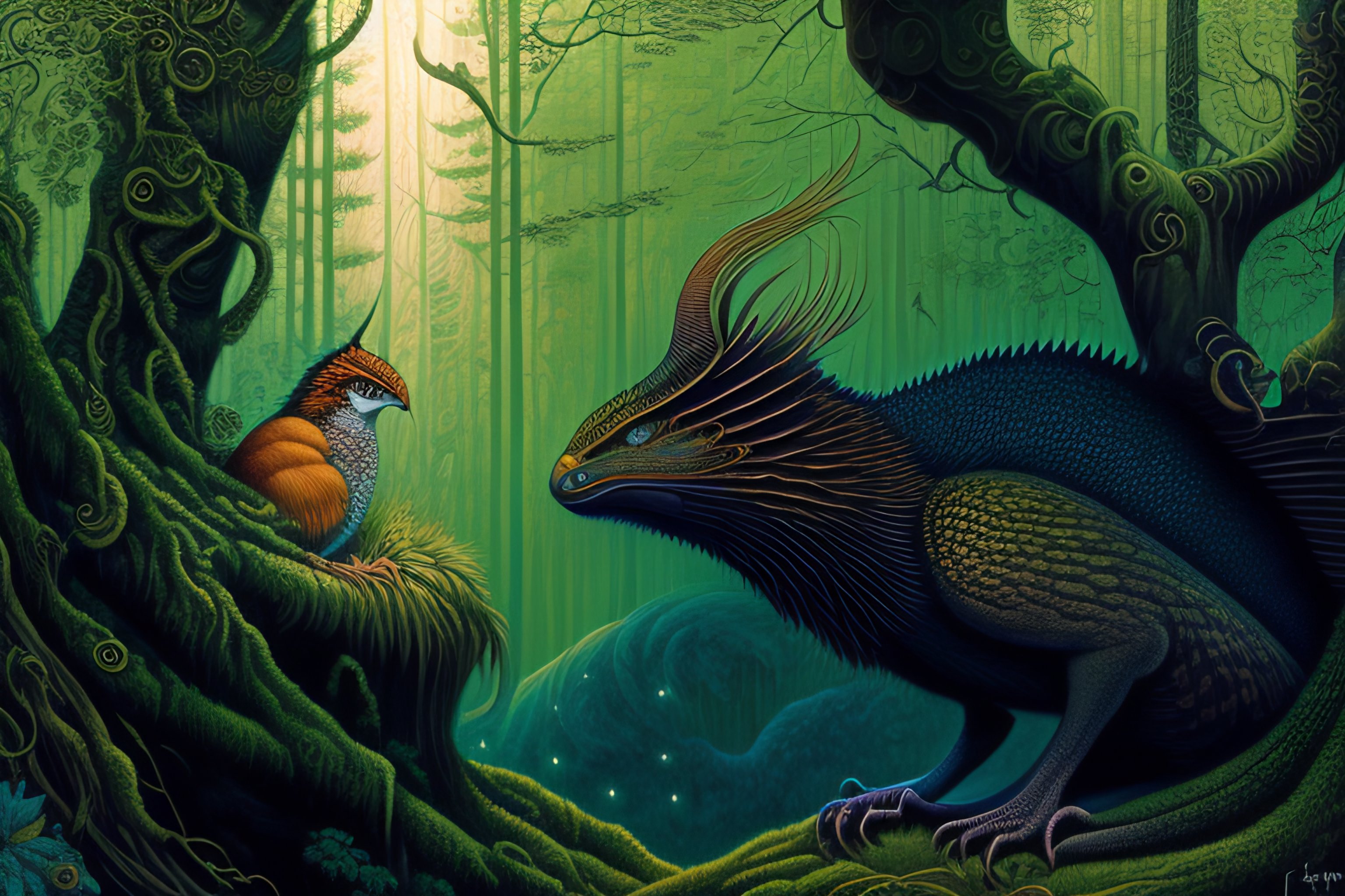 Lexica - A Basilisk and a Phoenix and , standing in a forest, hr giger ...