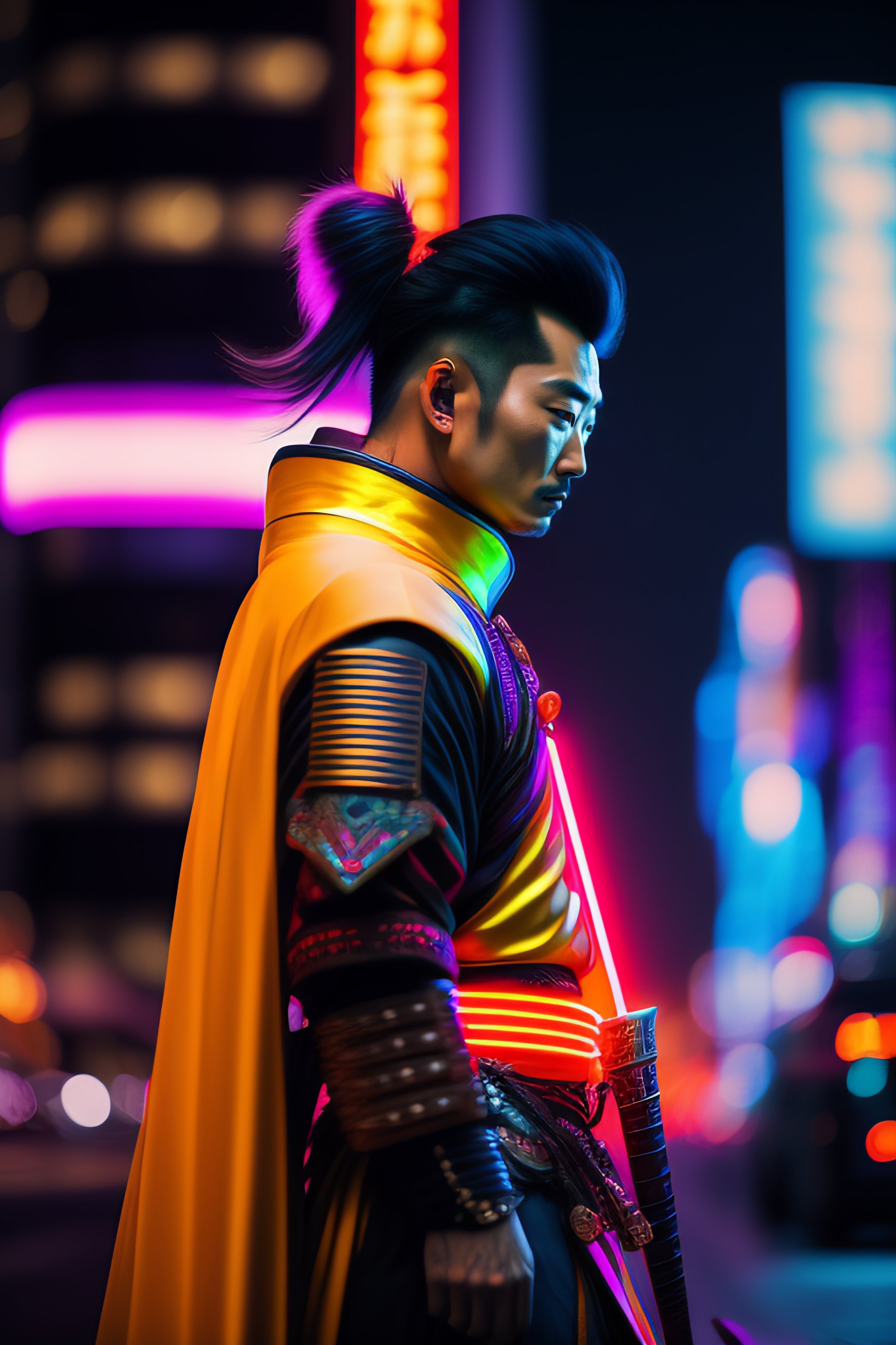 Lexica - Slow shutter speed photo of a cyberpunk samurai with neon ...