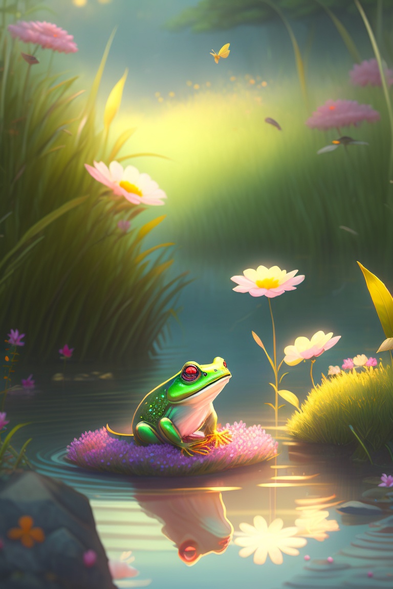 Lexica - Cute little frog in the swamp filled with flowers, dreamy ...