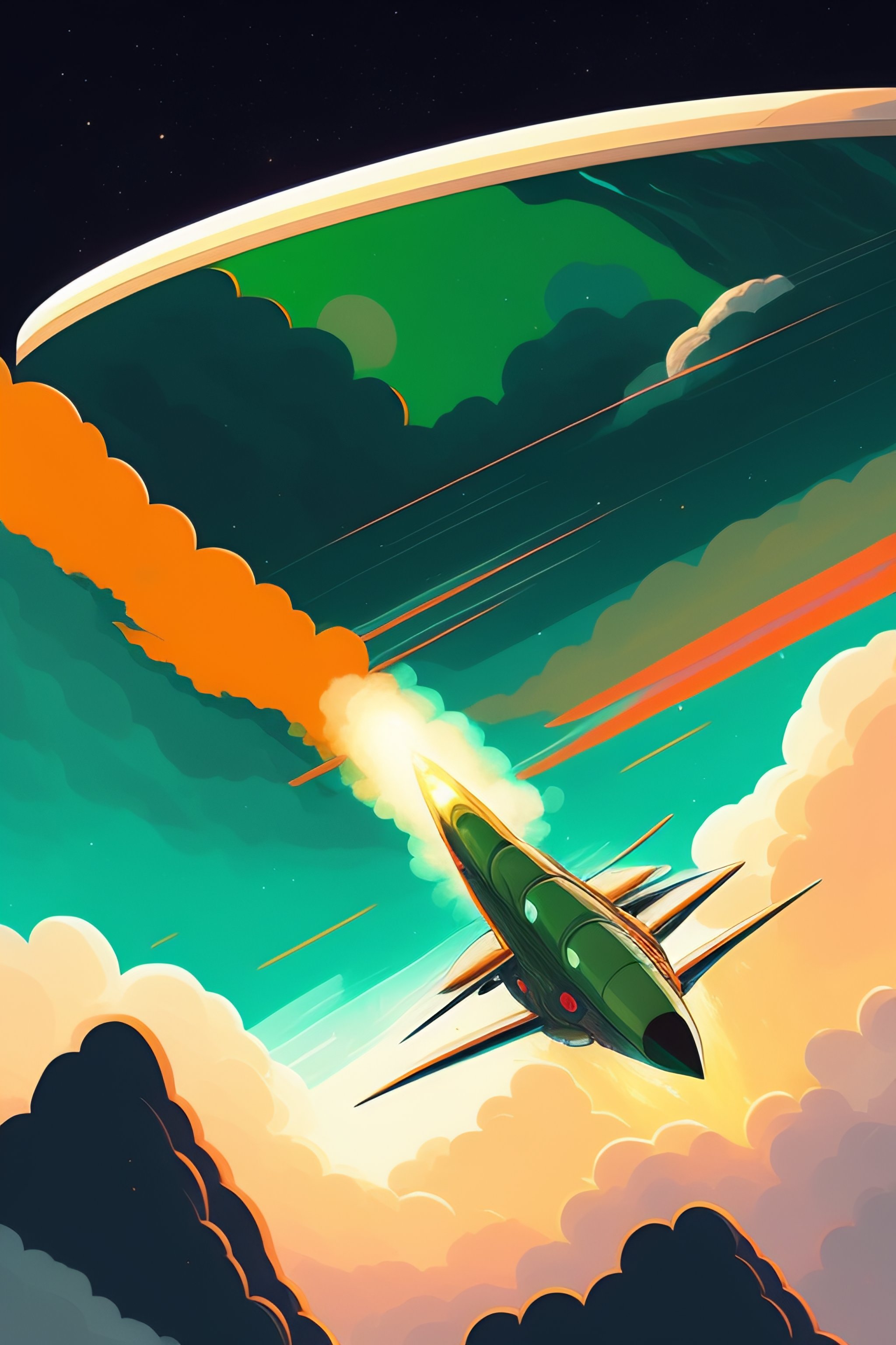 Lexica - Rocket flying through the clouds, style of laurie greasley, james gilleard, genshin ...