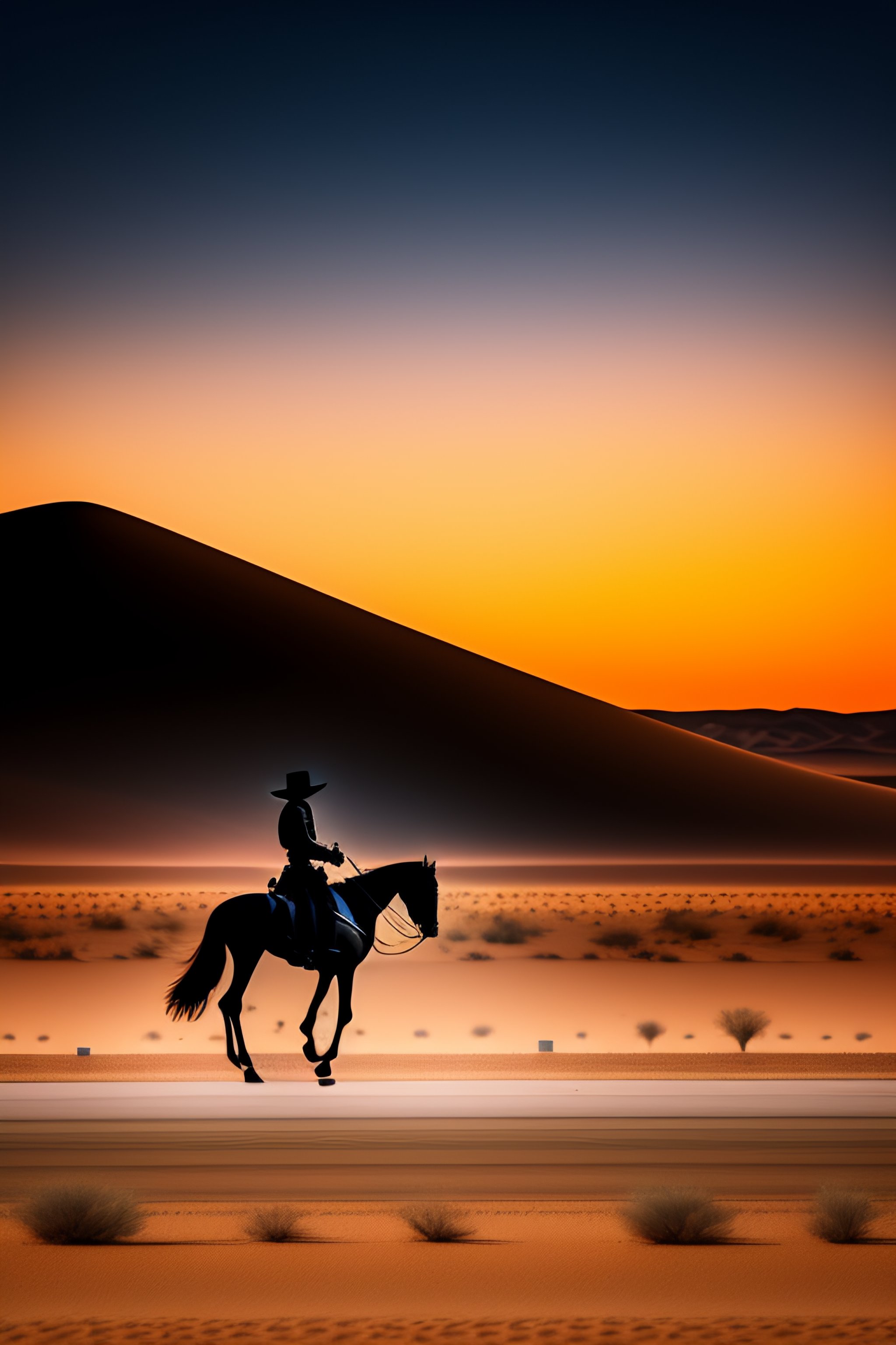 Lexica - Silhouette of a lone outlaw riding into town, western, desert ...