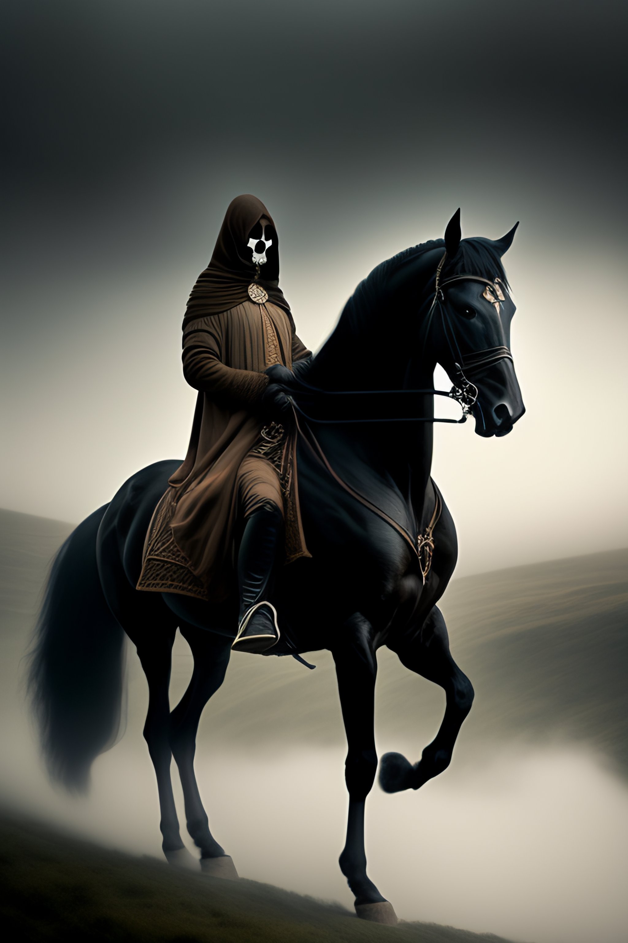 Lexica - Dark hood skeleton riding a white horse dark foggy creepy ...