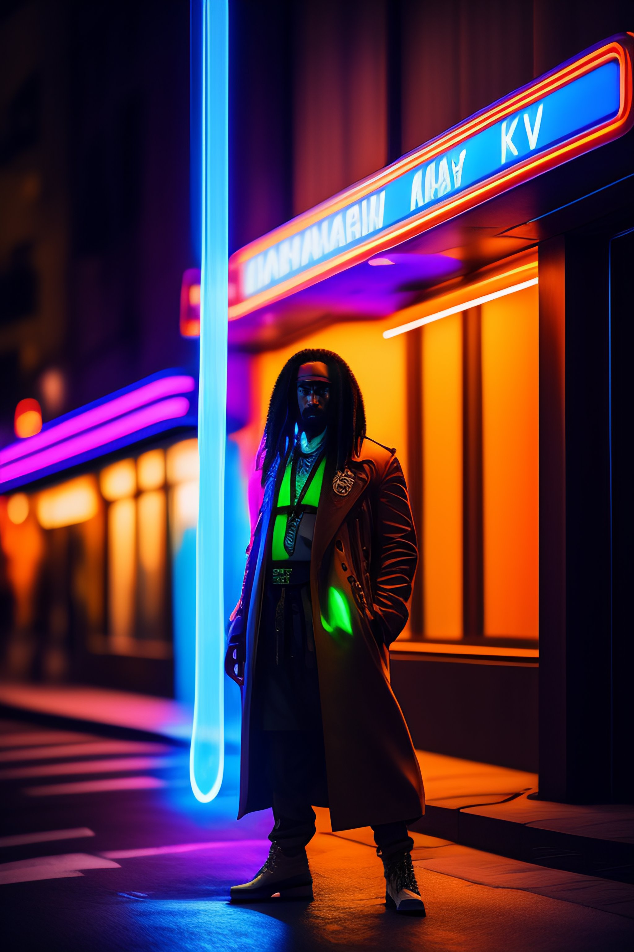 Lexica - Slow shutter speed photo of a cyberpunk bob marley with neon ...