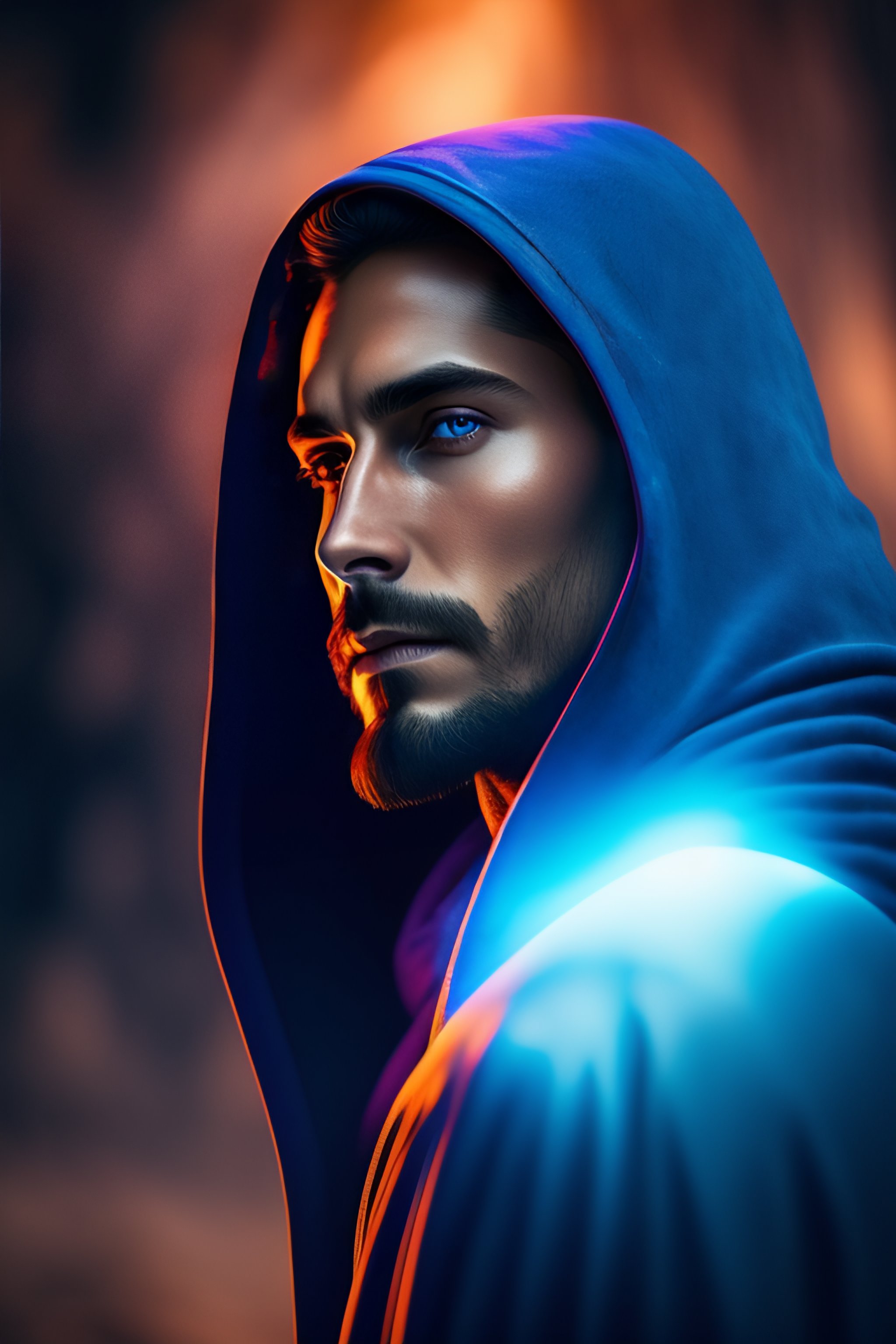 Lexica - 32 age old male wizard with blue robe and hoodie, glowing blue ...