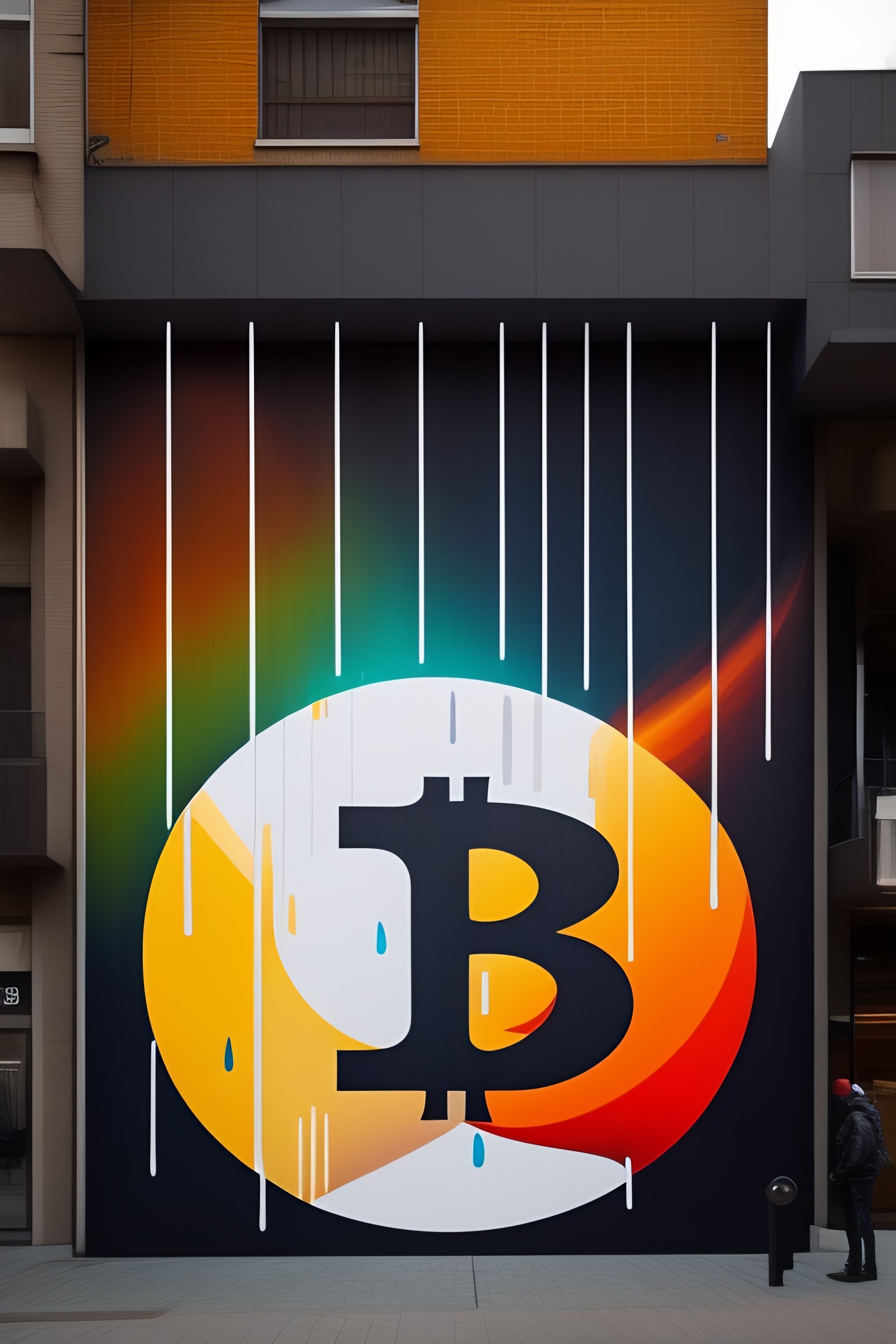 Lexica - Create a bitcoin logo on a white wall in a downtown city area ...