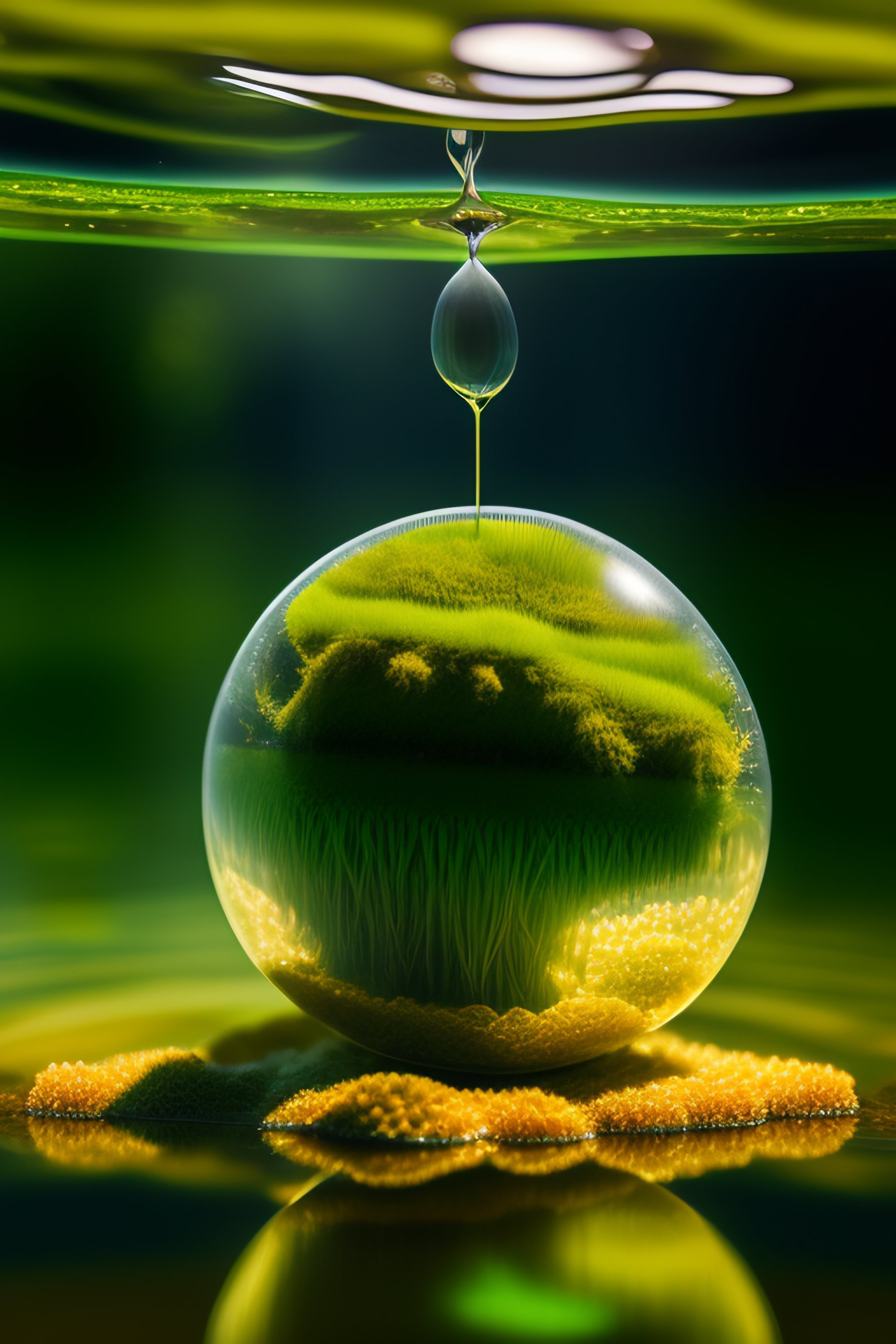 Lexica - Man made of marimo moss balls running at the bottom of a lake, high detail