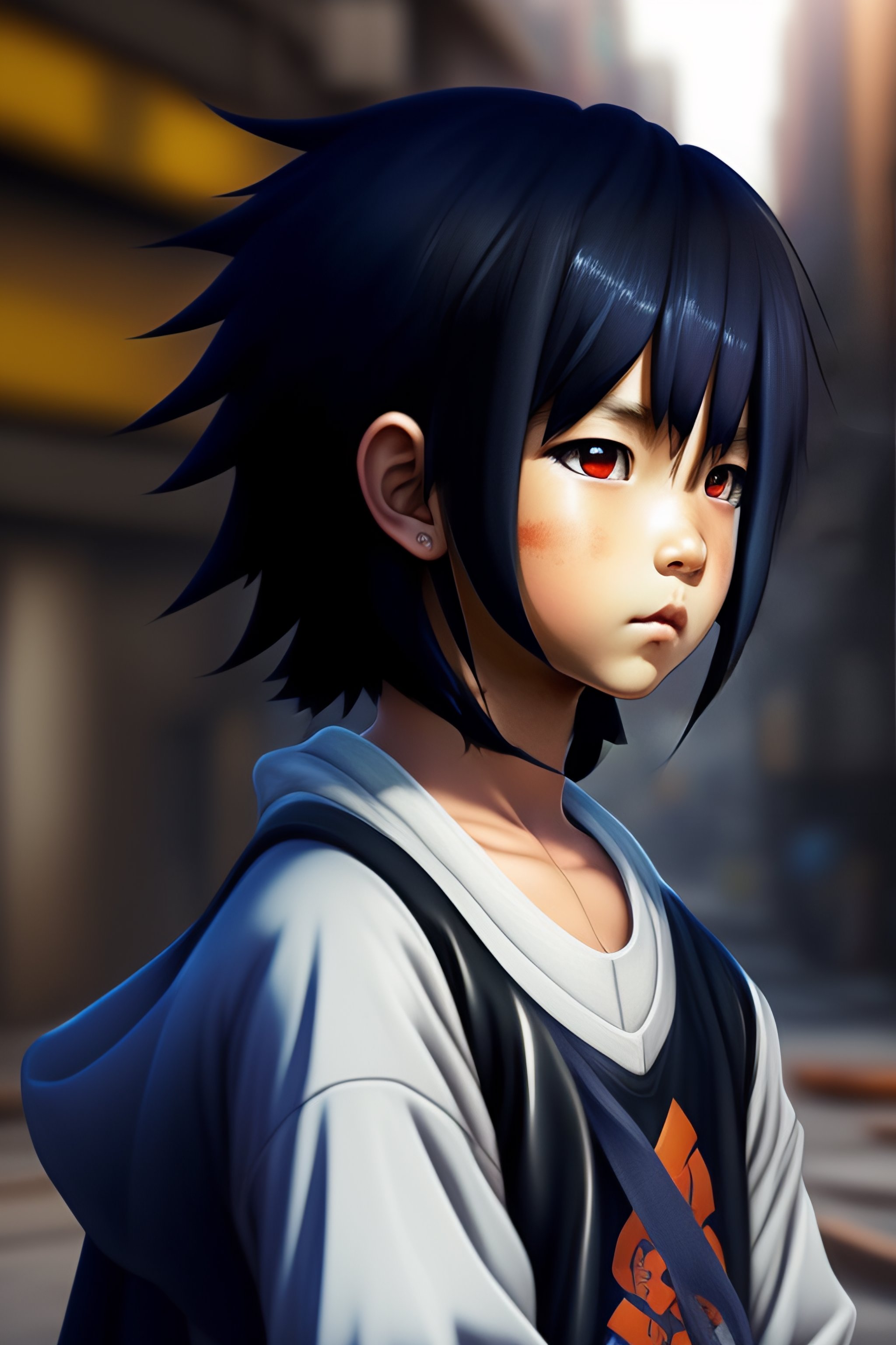 Lexica - Sasuke Uchiha child, black hair, realistic, slum background