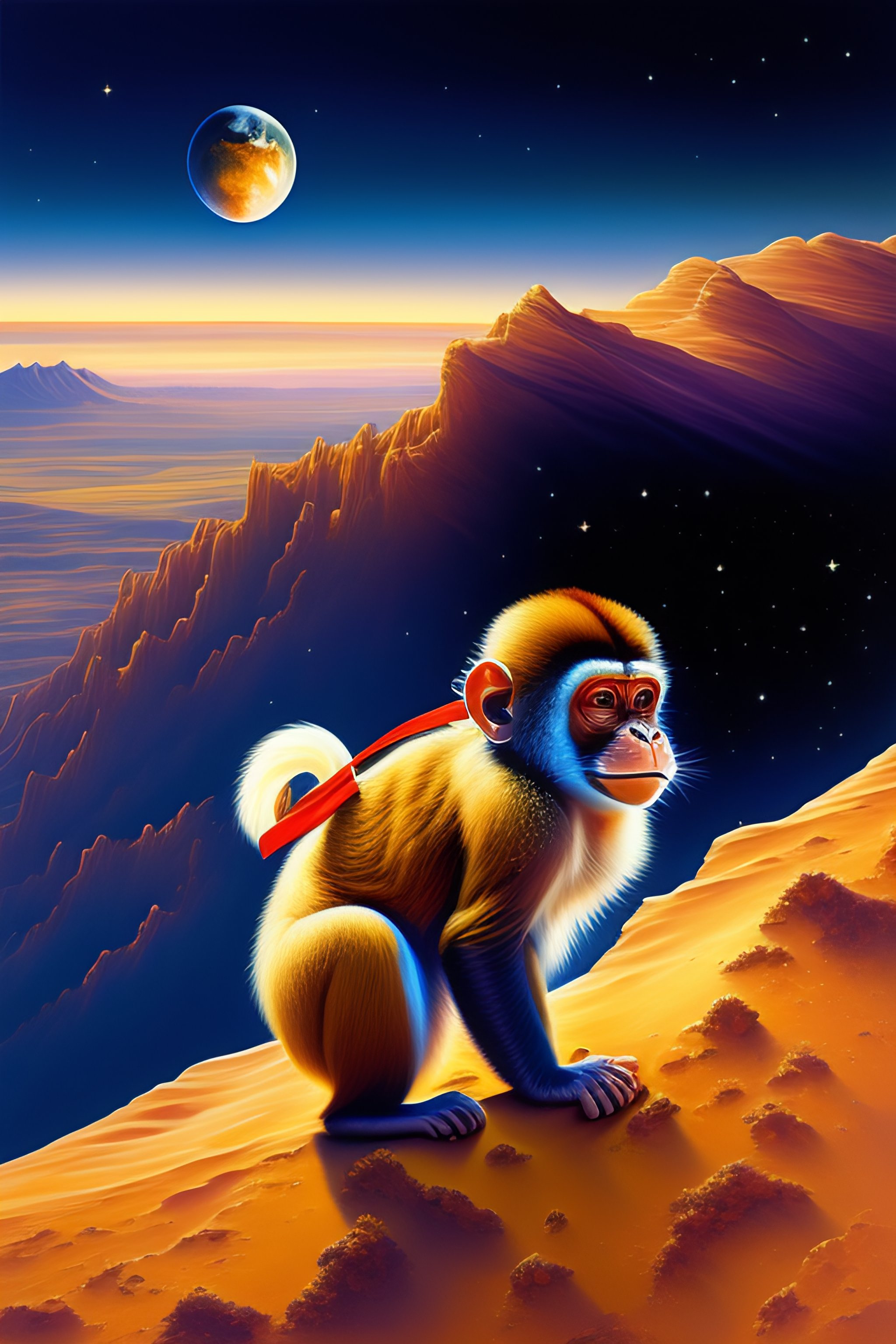 Lexica - A painting of a monkey in a cosmonaut suit on the moon ...