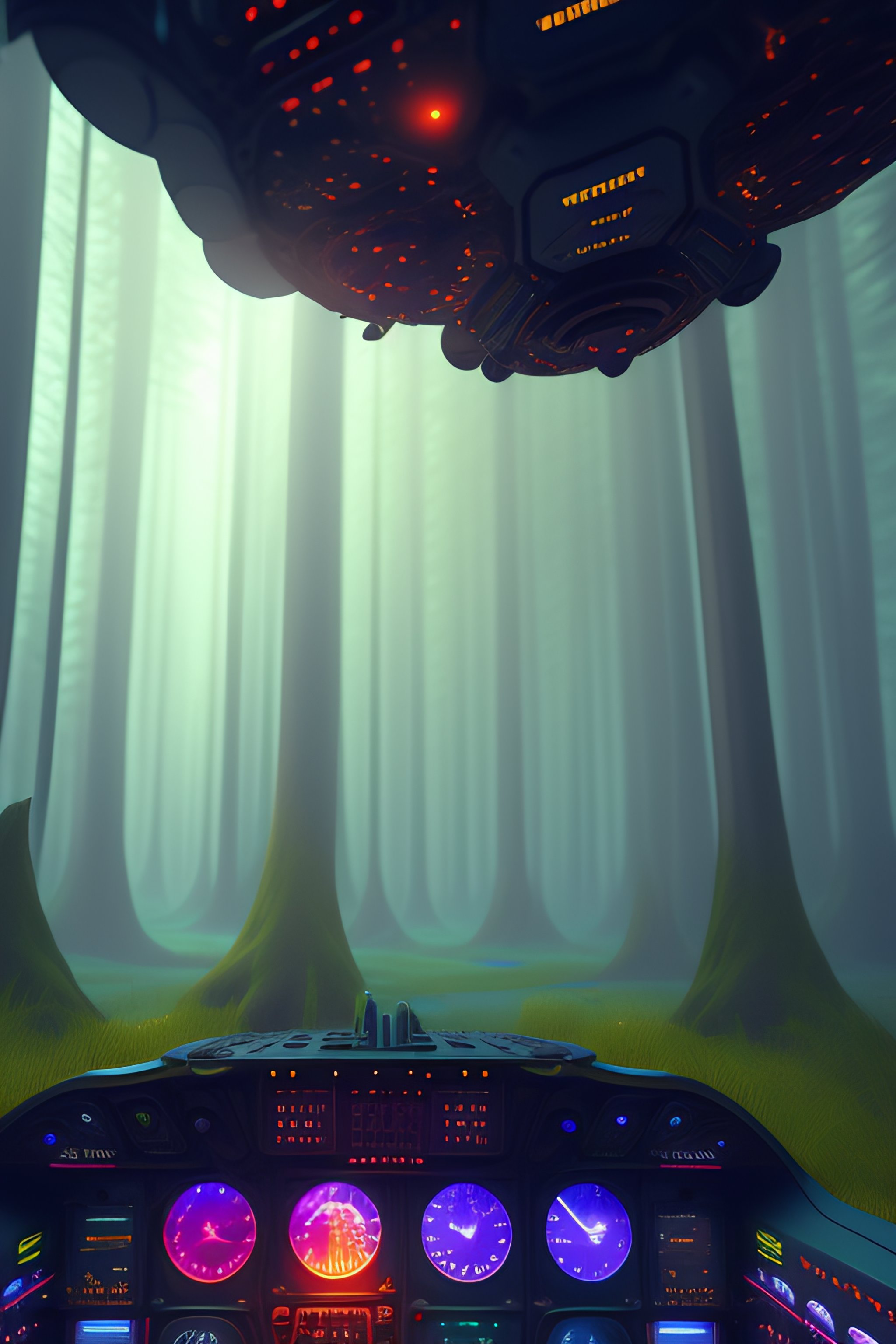 Lexica - Fantasy spaceship cockpit in forest __ ground-level view ...