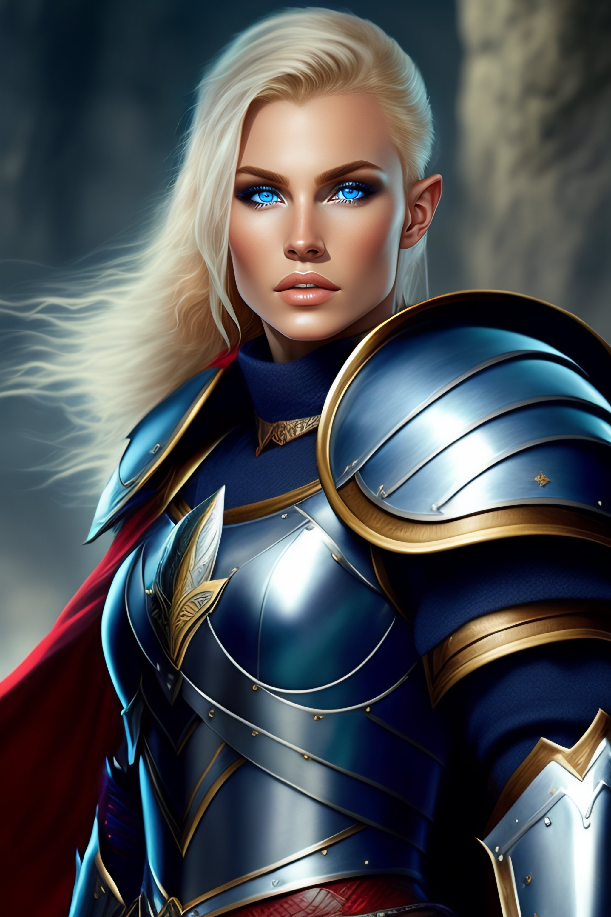 Lexica - Elf fighter ,short blond hair ,blue eyes ,black full plate armor ,large shield, broadsword