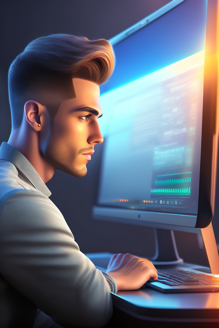 Lexica - A young man sitting at the computer on a realistic and ...