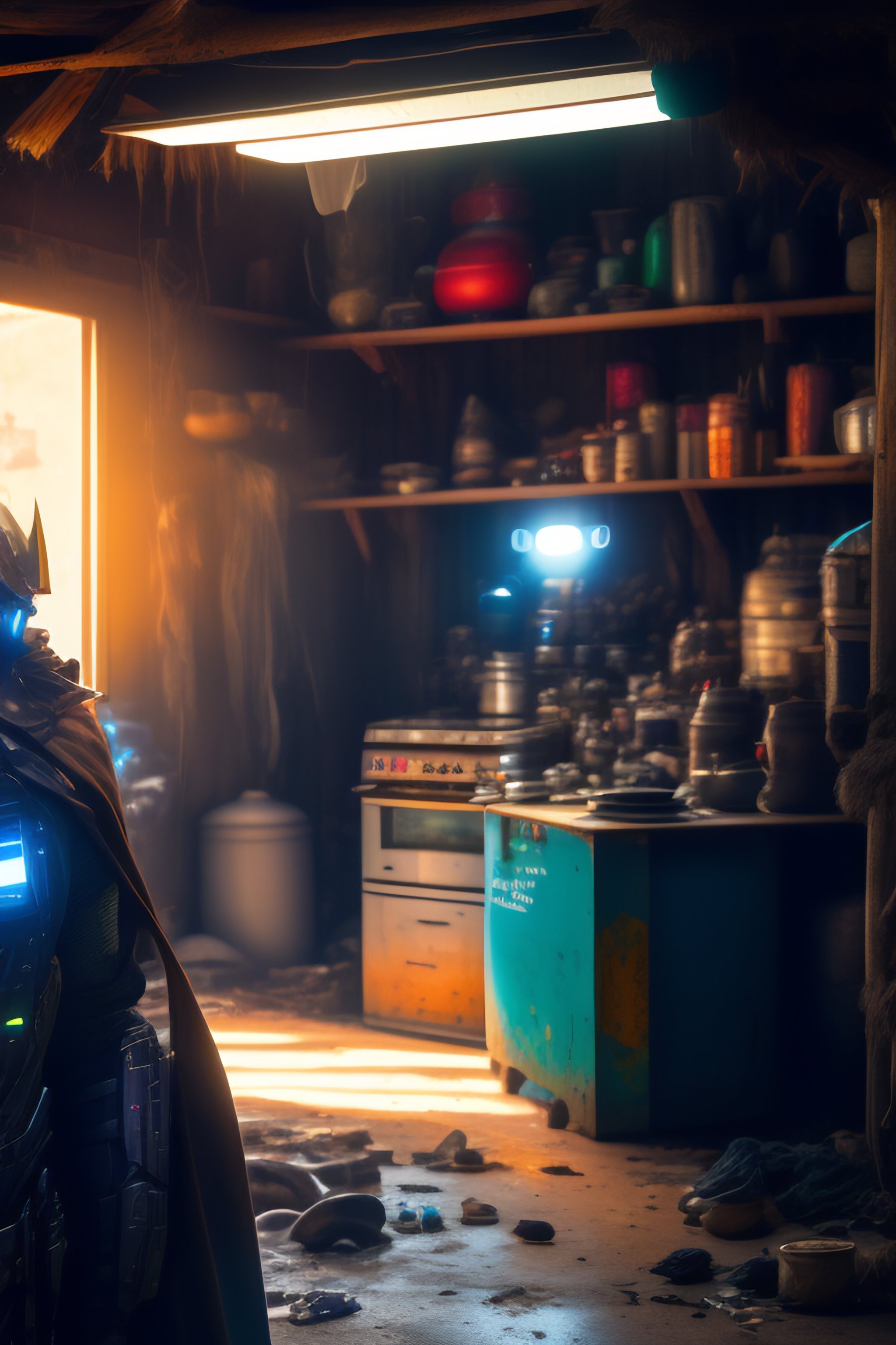 Lexica - Wide angle Environmental shot of evil Cyborg in a cluttered ...