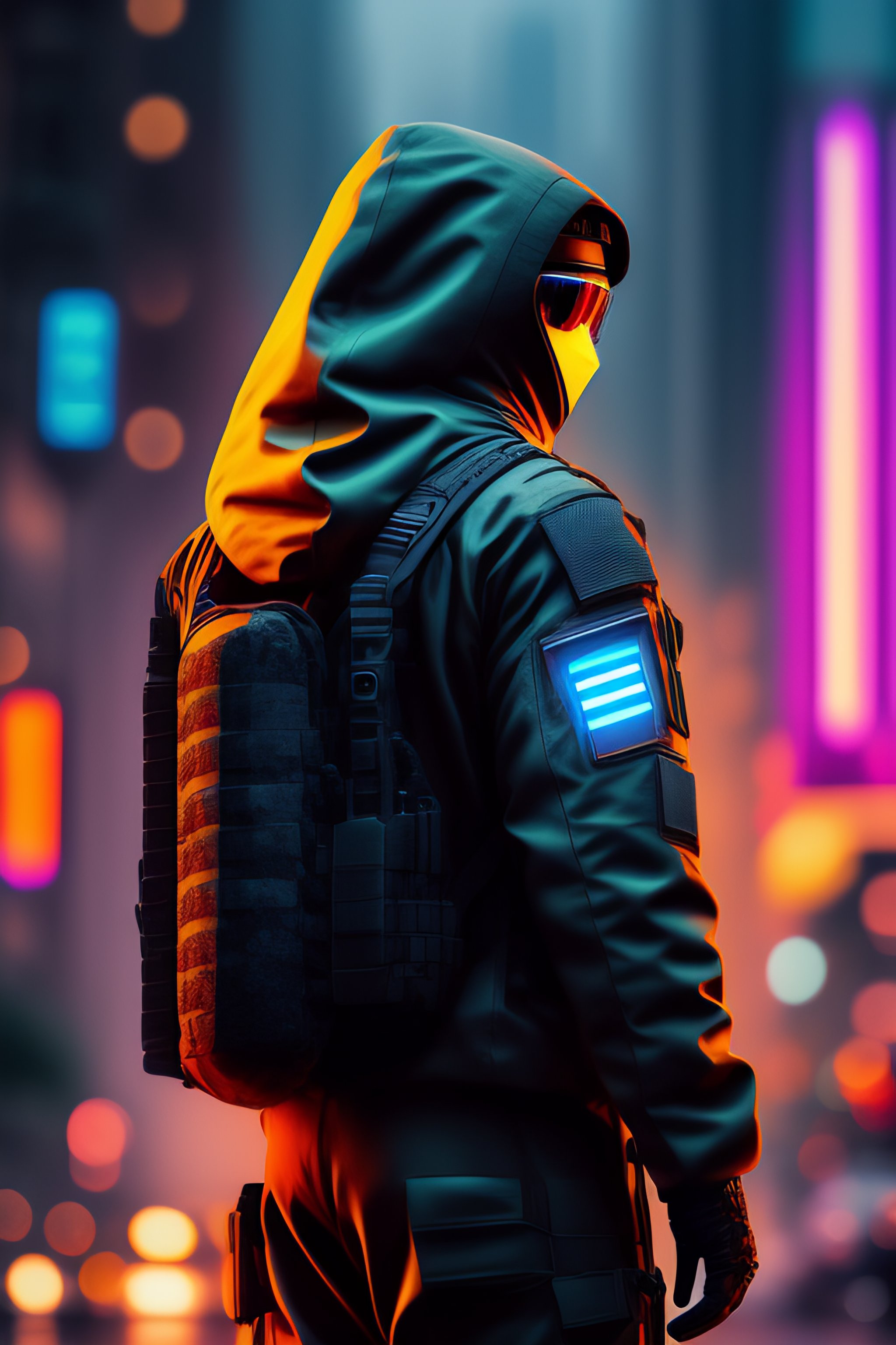 Lexica - Hacker soldier, full body, tactical armor, rifle, Neon, Movie ...