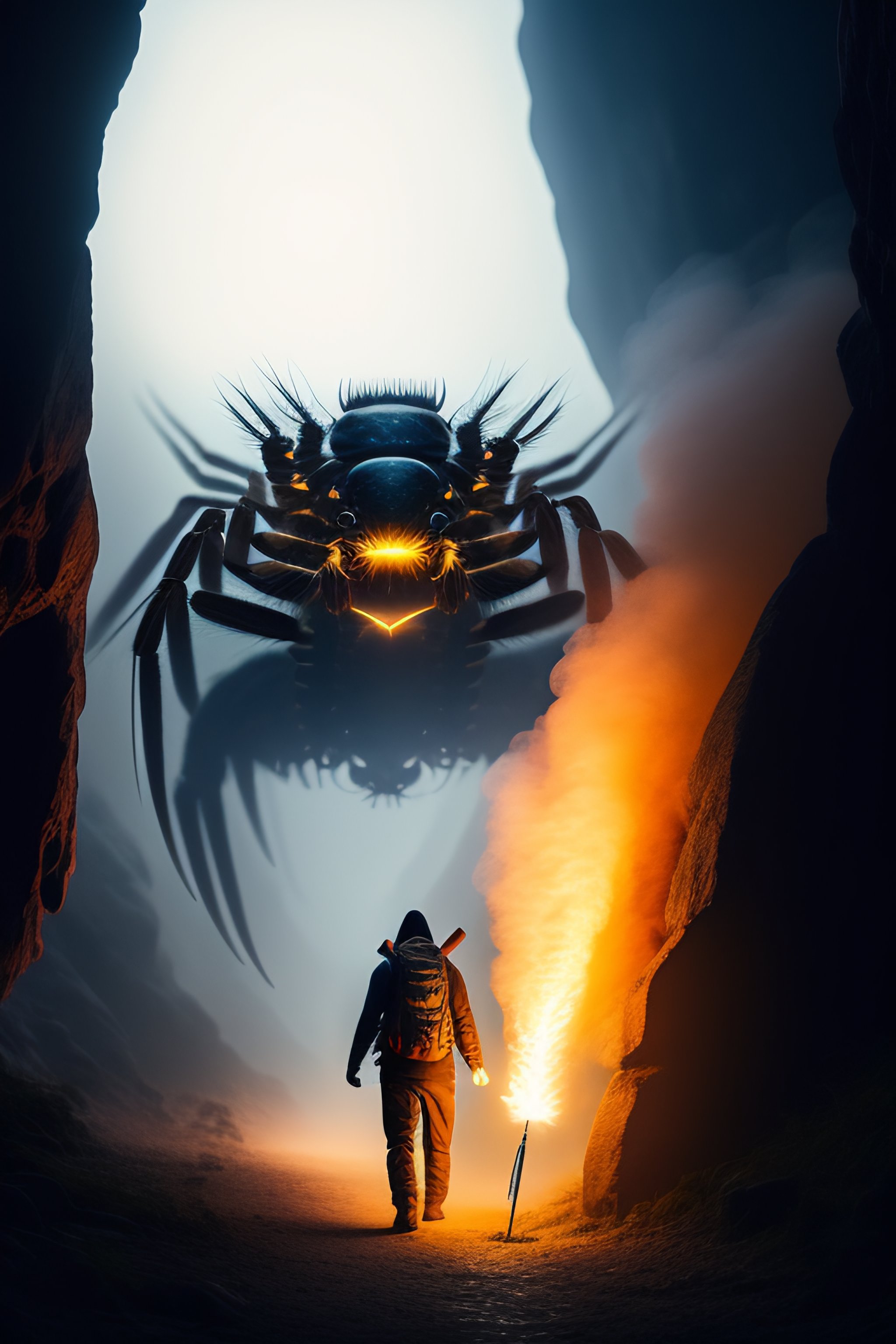 Lexica - Human carrying a torch being hunted by a giant spider in a ...